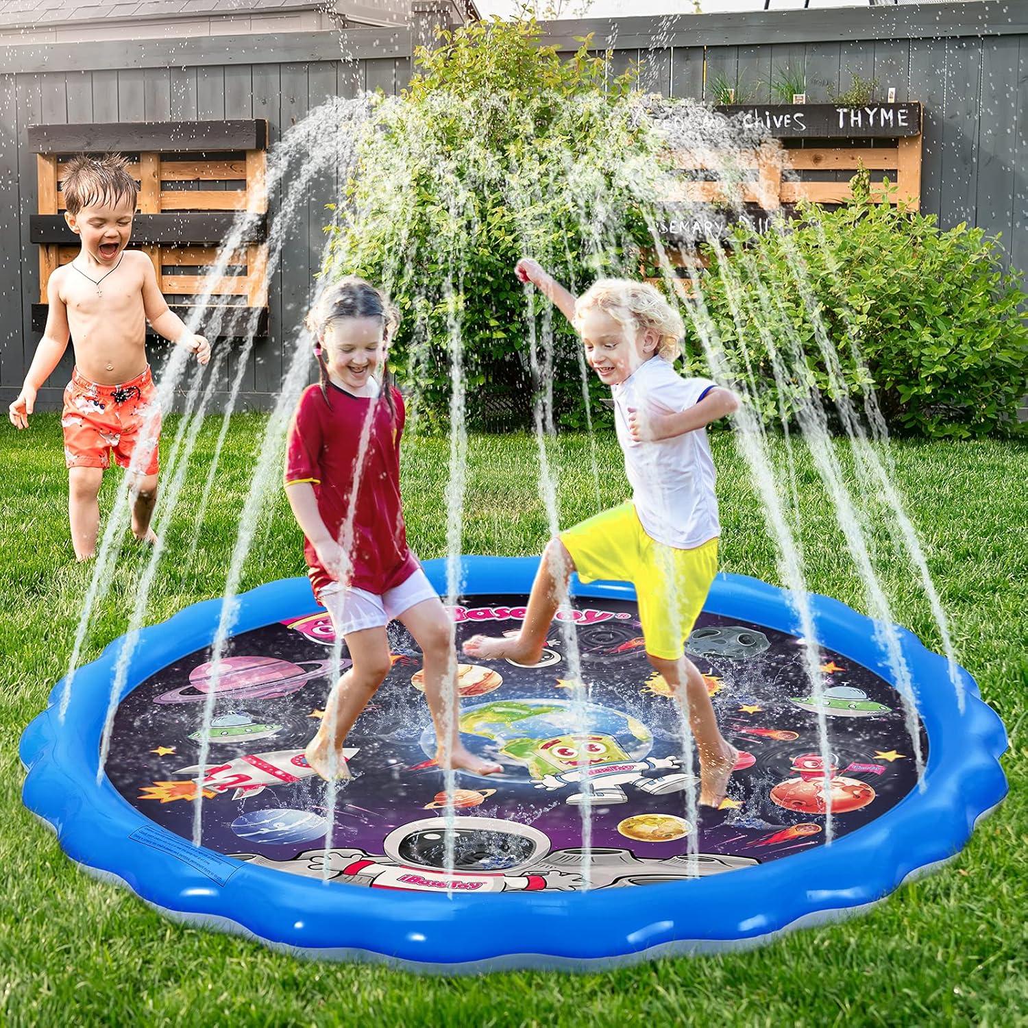 iBaseToy Splash Pad, 68″ Inflatable Sprinkler Play Mat with Planet ...
