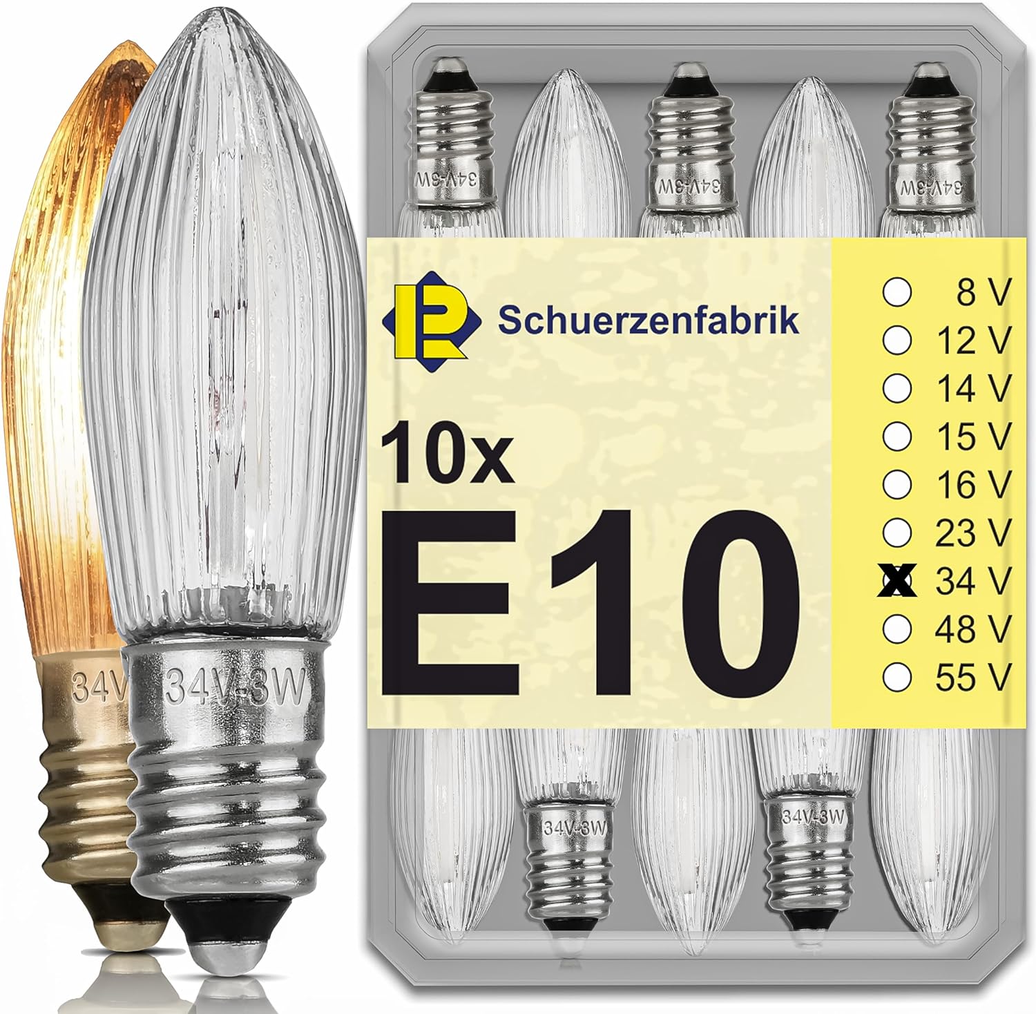10 x puntige kaars E10 34 V 3 W reservelampen, gloeilampen, topkaars ...