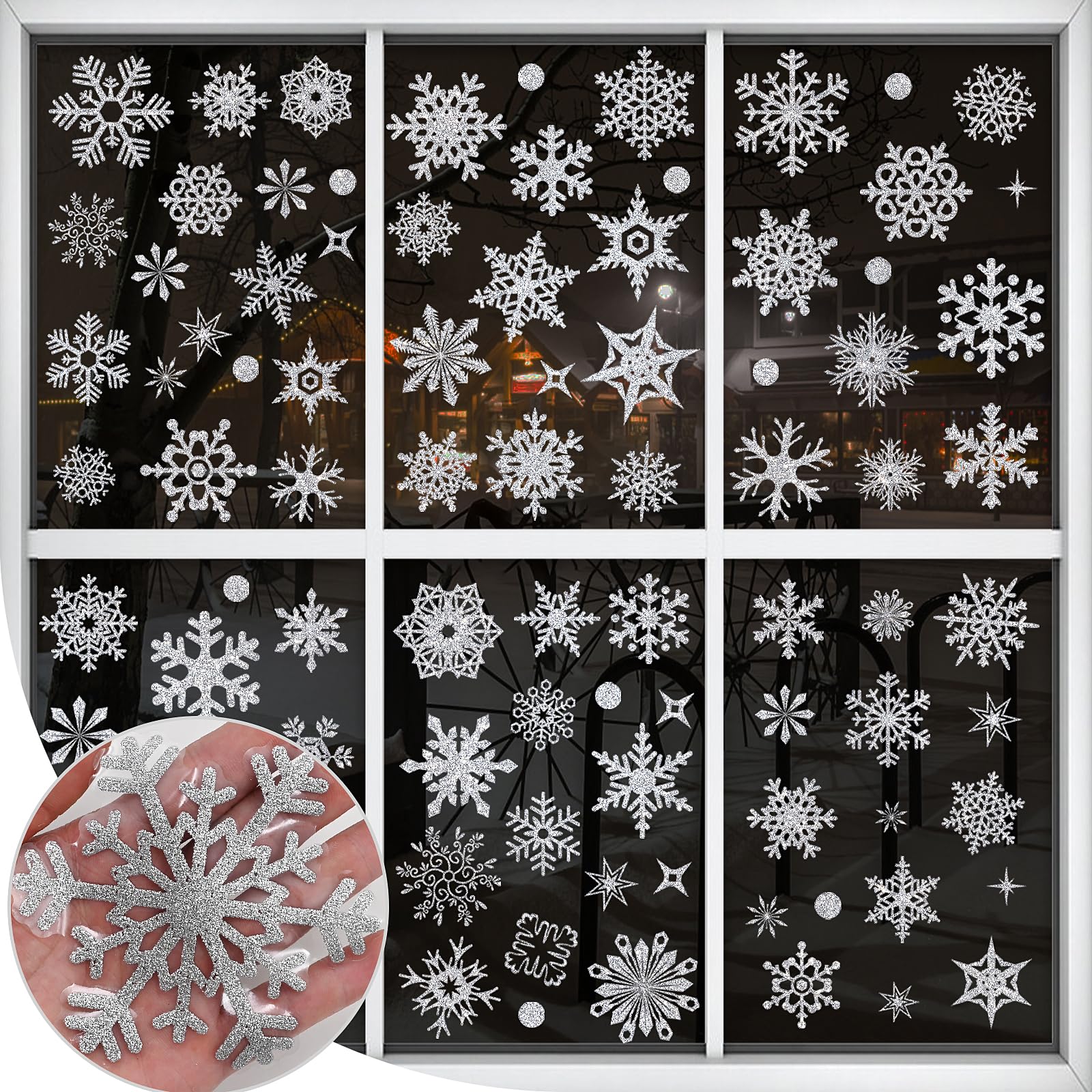 93Pcs Large Glitter Snowflake Window Stickers Silver, ADQUATOR 9 Sheets ...