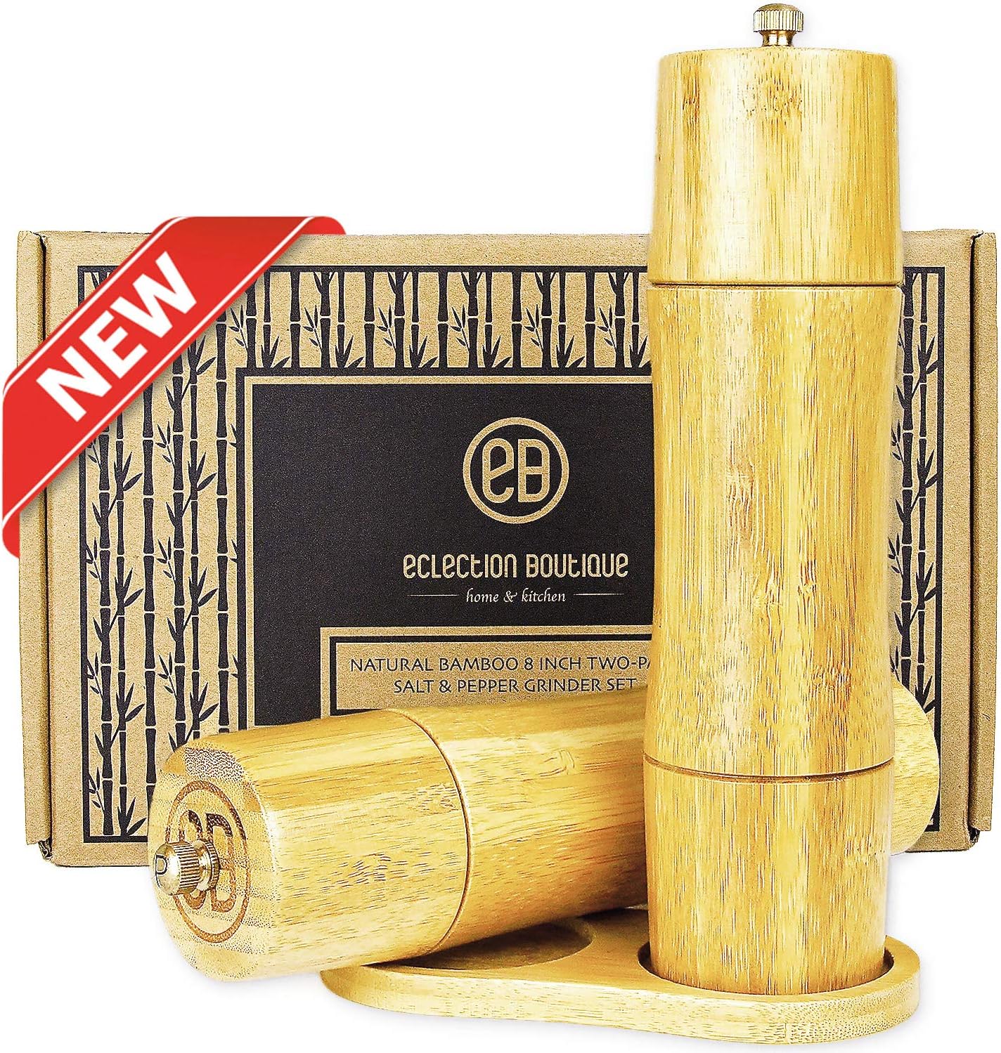 Amazon.com: Bamboo Wooden Salt and Pepper Mill Set with Stand, Ceramic ...