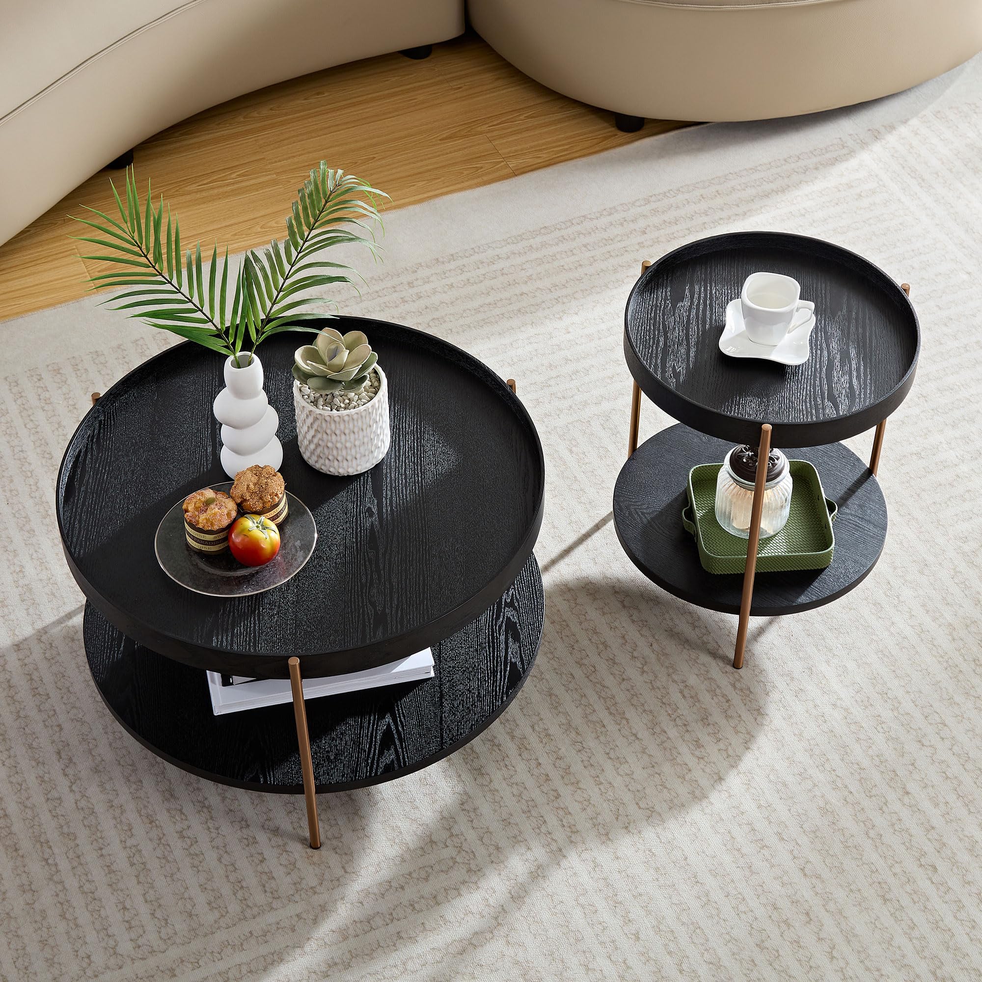 2 Tier Storage Side Table 2-Piece Round Coffee Table & Side Table Set ...