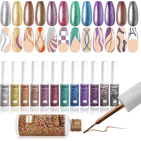 Amazon.com : modelones Glitter Gel Polish Nail Art Gel Liner Set-12 ...