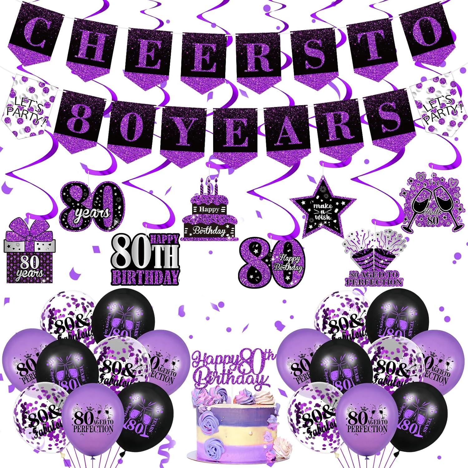 Amazon.com: Purple 80th Birthday Decorations for Women Men Purple Black ...