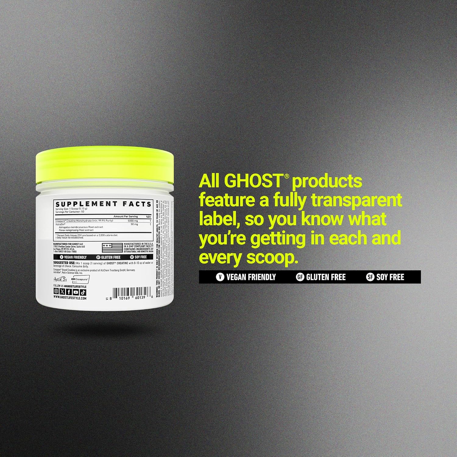 GHOST Basics Creatine Monohydrate em Pó – Suplemento Vegano para Ganho de Massa Muscular – 5g de ...