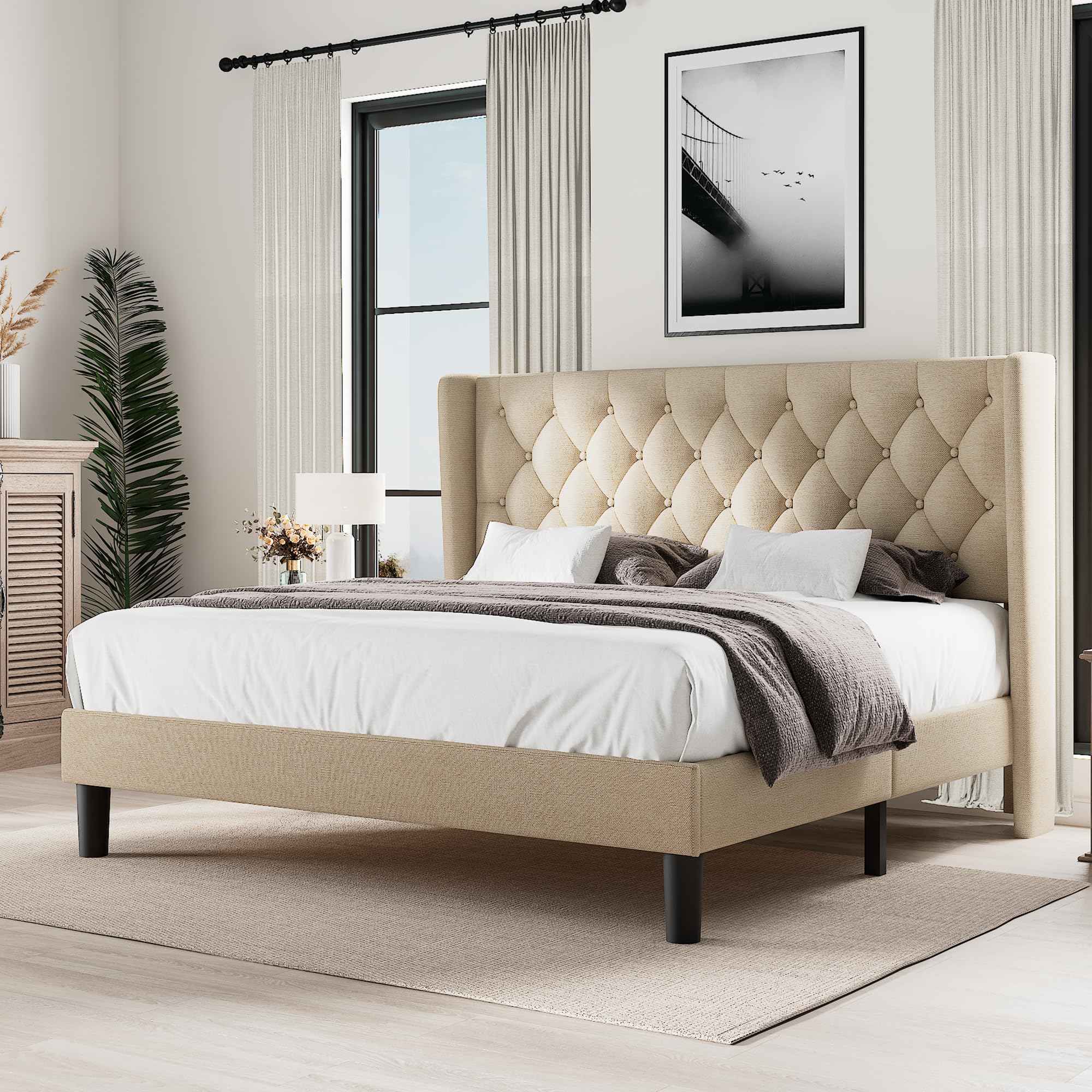 Amazon.com: Einhomn King Size Upholstered Bed Frame with Wingback ...