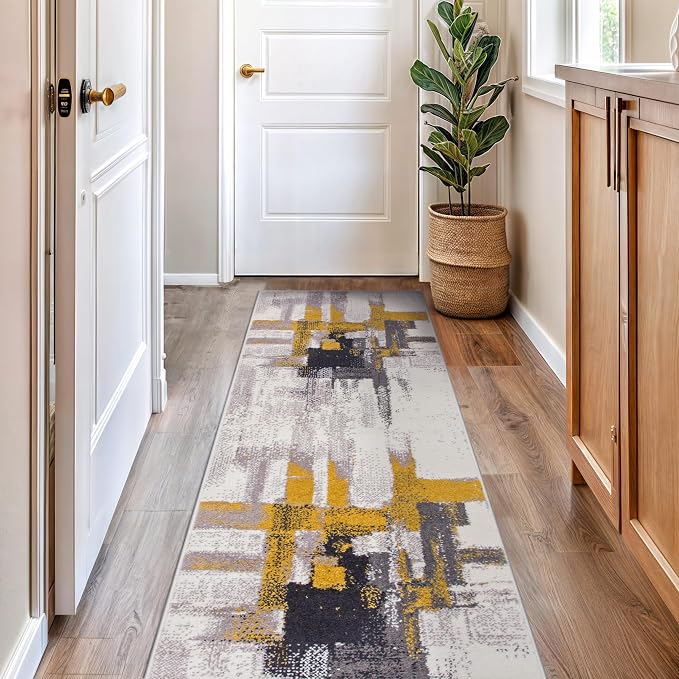 Amazon.com: Rugshop Gold Modern Abstract Runner Rug — Non-Shedding for ...