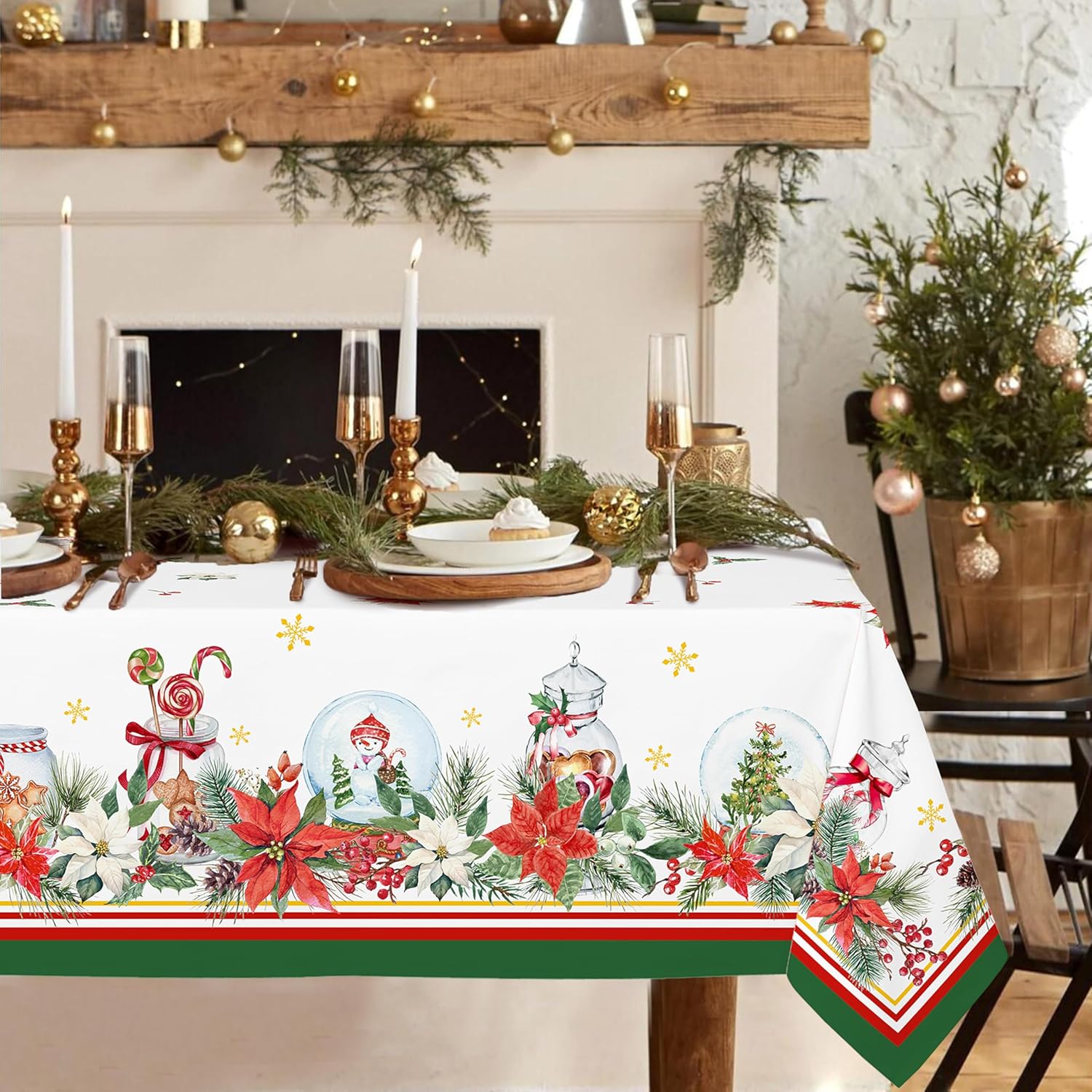 Amazon.com: Rectangle Christmas Tablecloth 60 x 84In,Poinsettia ...