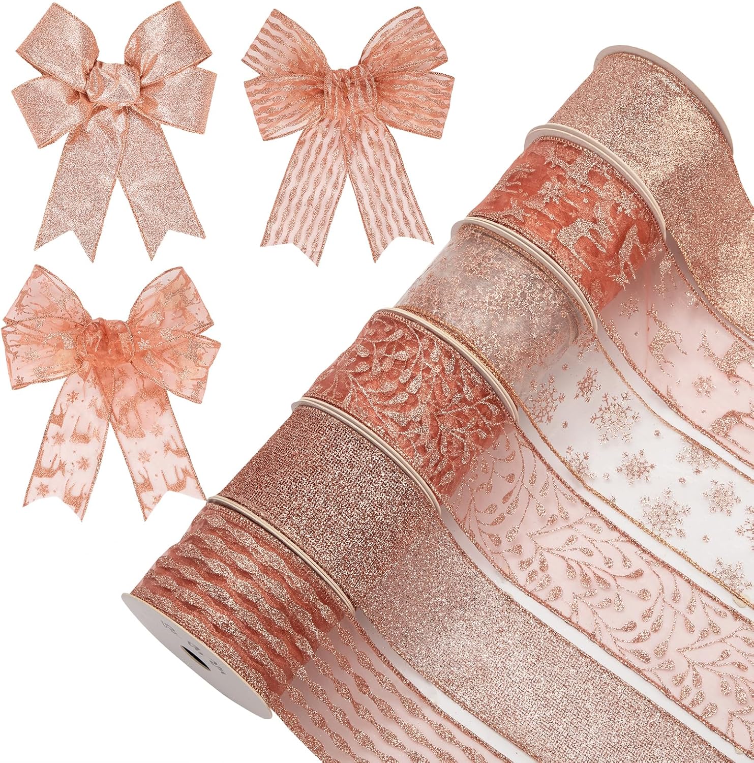 Amazon.com: Hollyone Glitter Christmas Ribbon Wired Rose Gold Christmas ...