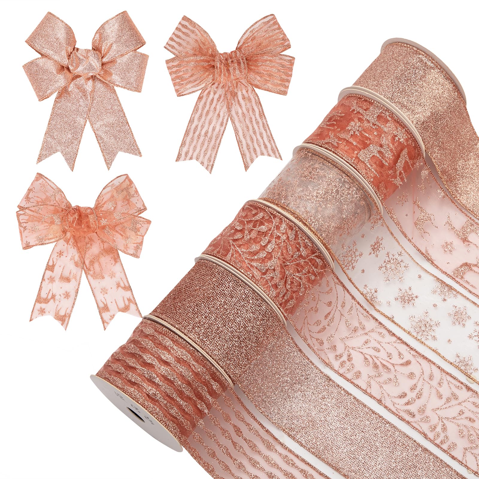 Oairse 6 Rolls 6.3cm Valentine's Day Wired Ribbon30 Yards Rose Gold ...