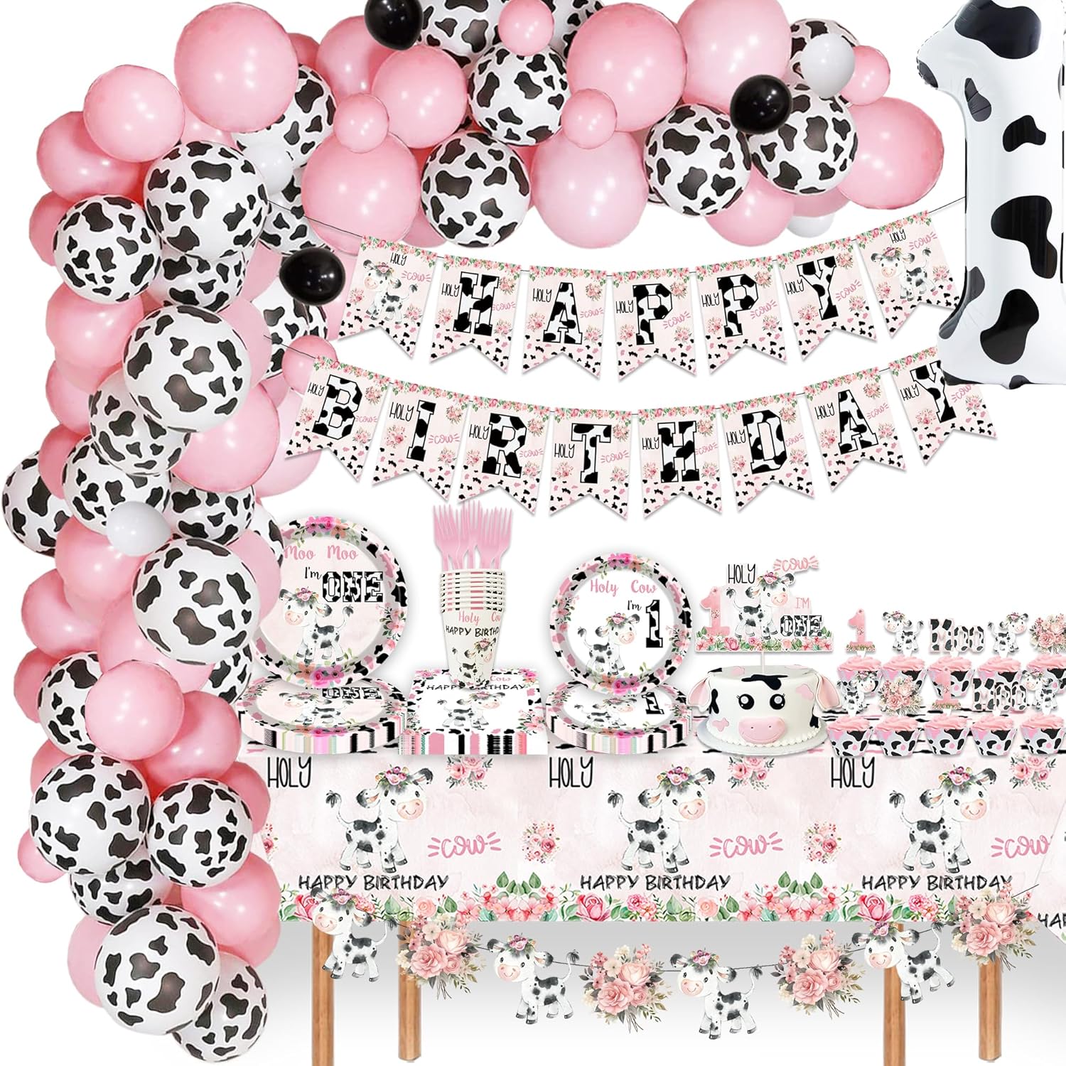 Amazon.com: 203 Pcs Holy Cow I'm One Birthday Decorations Cow Print One ...