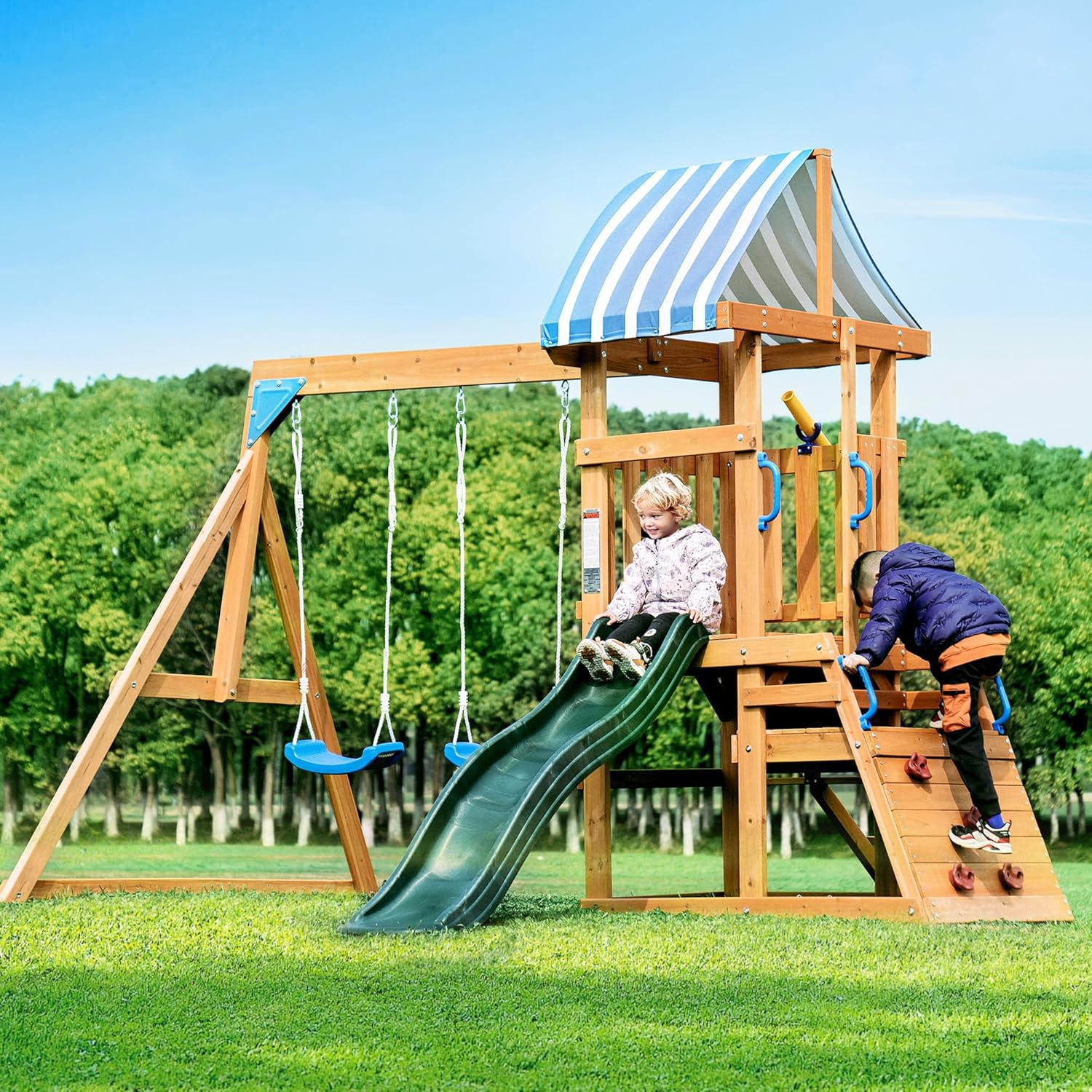 Amazon.com: ROBUD Swing Sets for Backyard, Wooden Swing Set with Two ...