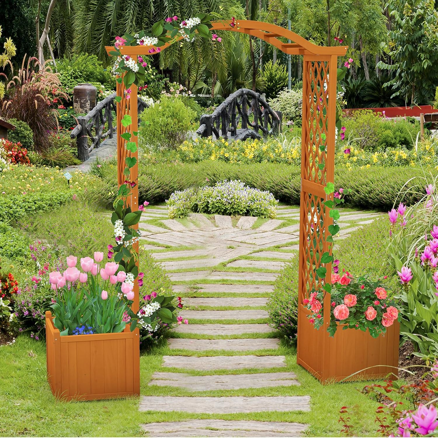Save 30% • Natural Fir Wood Garden Arbor with Planter Boxes and Trellis