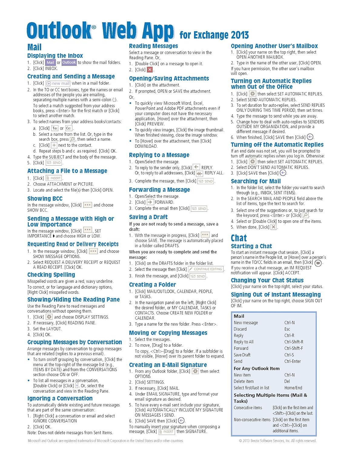 Microsoft Outlook Web App (OWA) for Exchange 2013 Quick Reference Guide (Cheat Sheet of ...