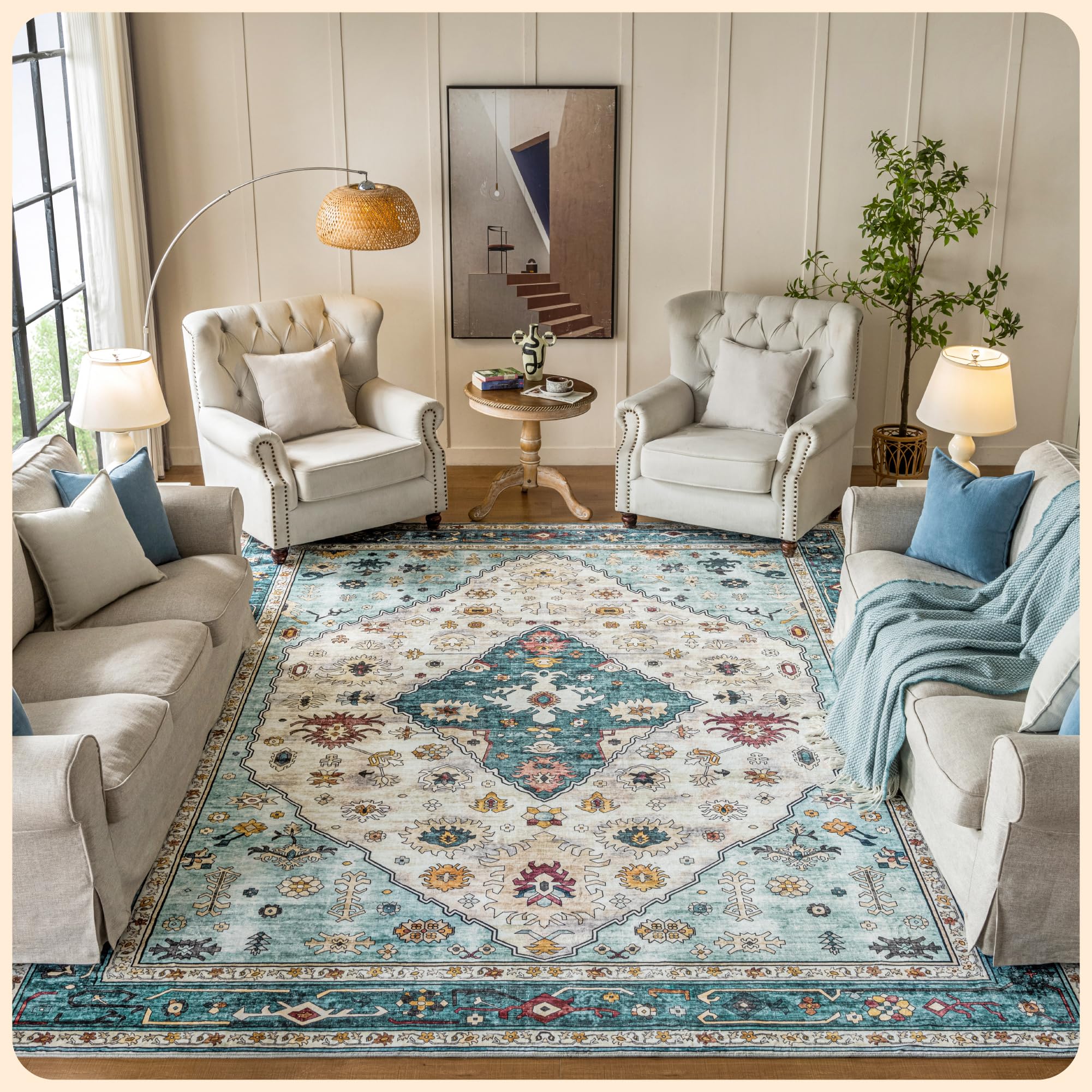 Istana 9 X 12 Rug - White Cream/Blue Area Rug - Foldable Machine ...
