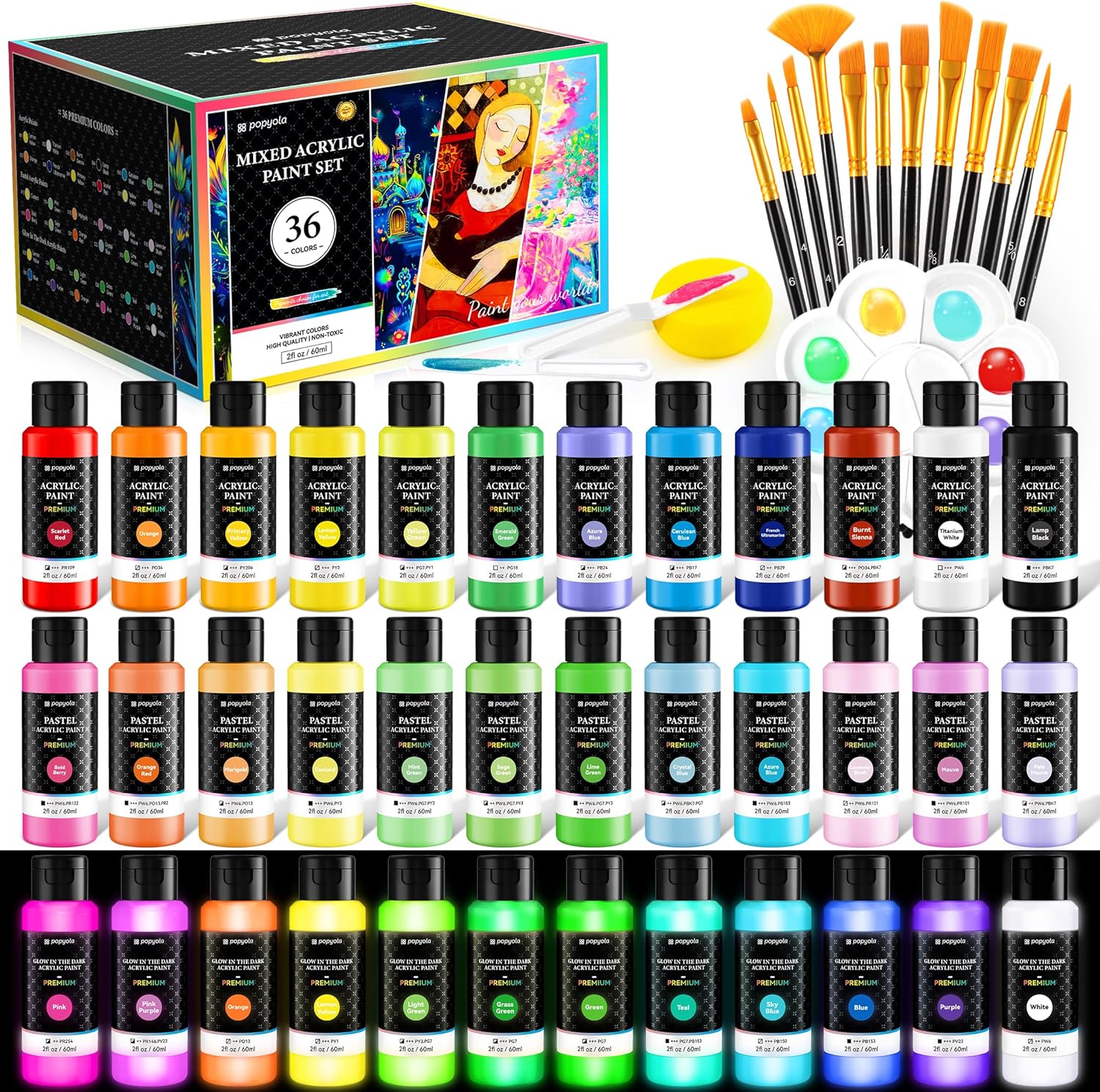 Amazon.com: 52 PCS Classic & Pastel & Glow in the Dark Acrylic Paint ...