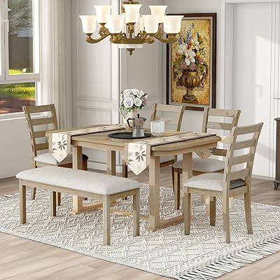 Amazon.com - Merax 6 Pieces Wood Dining Table Set with Bench, Retro ...