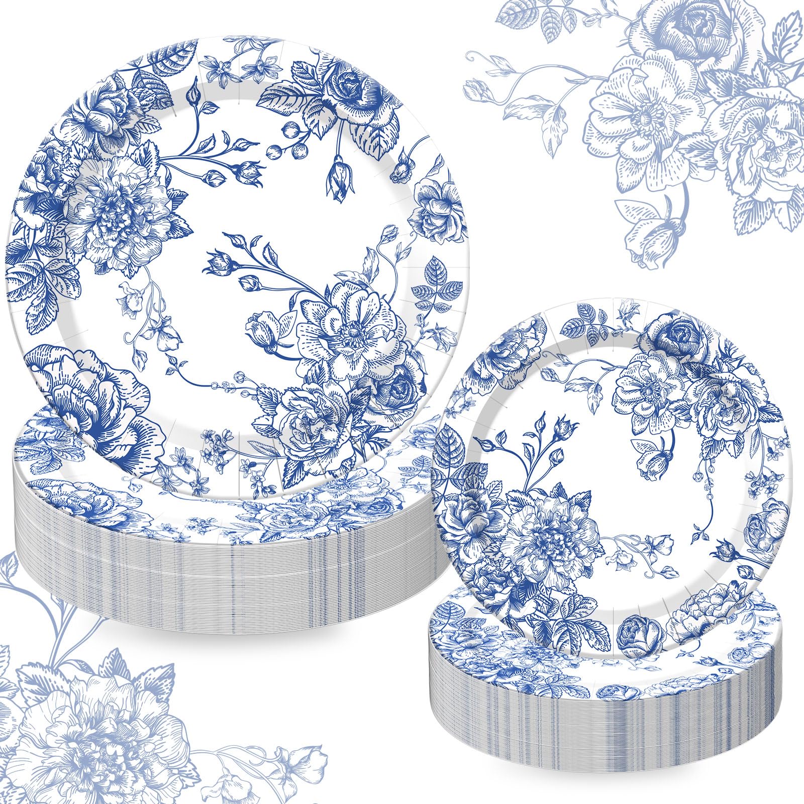 Amazon.com: Whaline 40Pcs Blue White Floral Paper Plates Flower ...