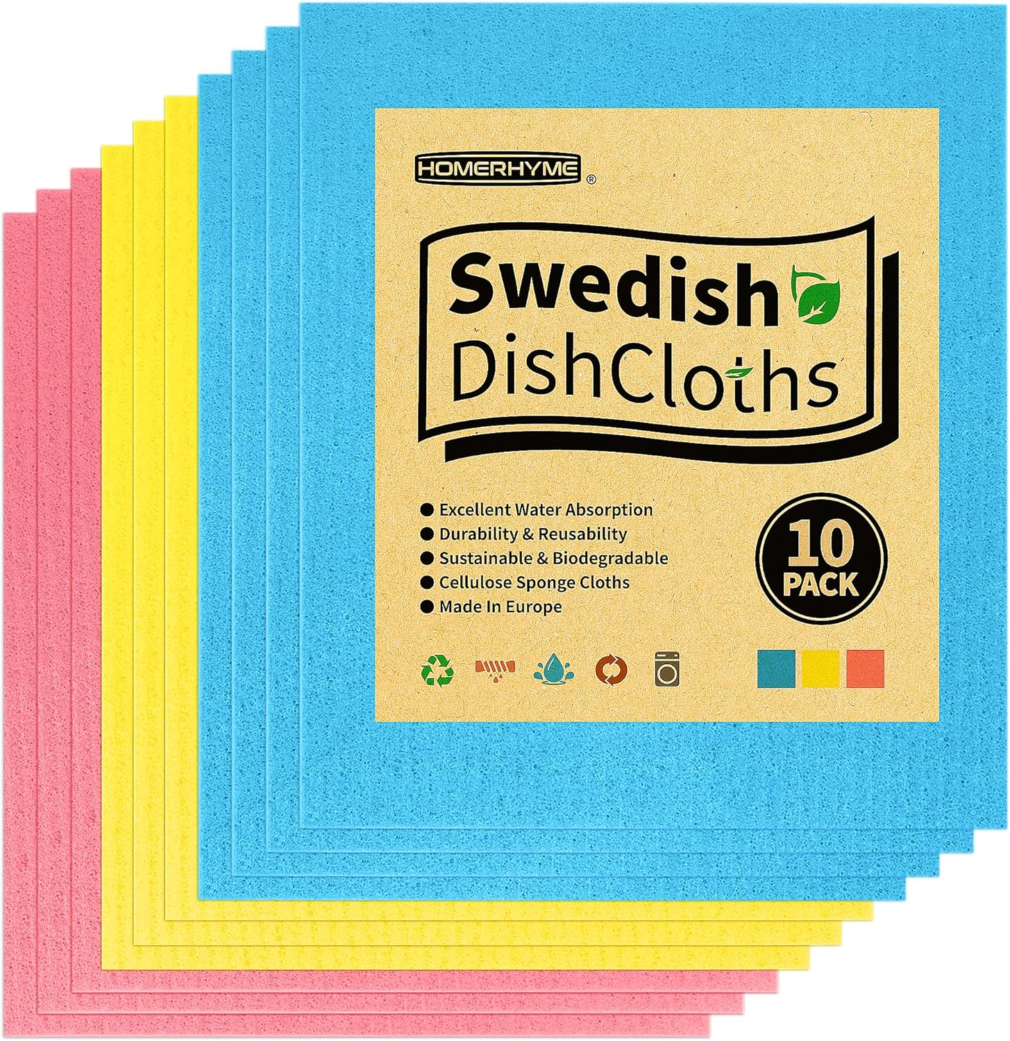 HOMERHYME Swedish Dish Cloths, 10 Pack, Cellulose Swedish Sponge ...
