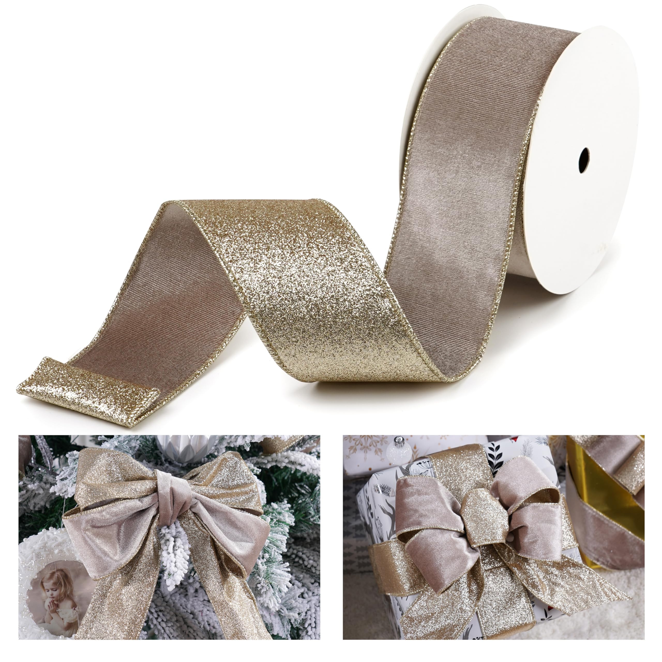 Amazon.com: LIZLOVESS Taupe Velvet Wired Ribbon with Glitter Back 2.5 ...
