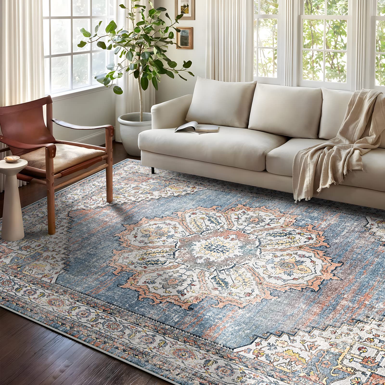 Washable Living Room Area Rug - 8x10 Large Bedroom Rug Distressed ...