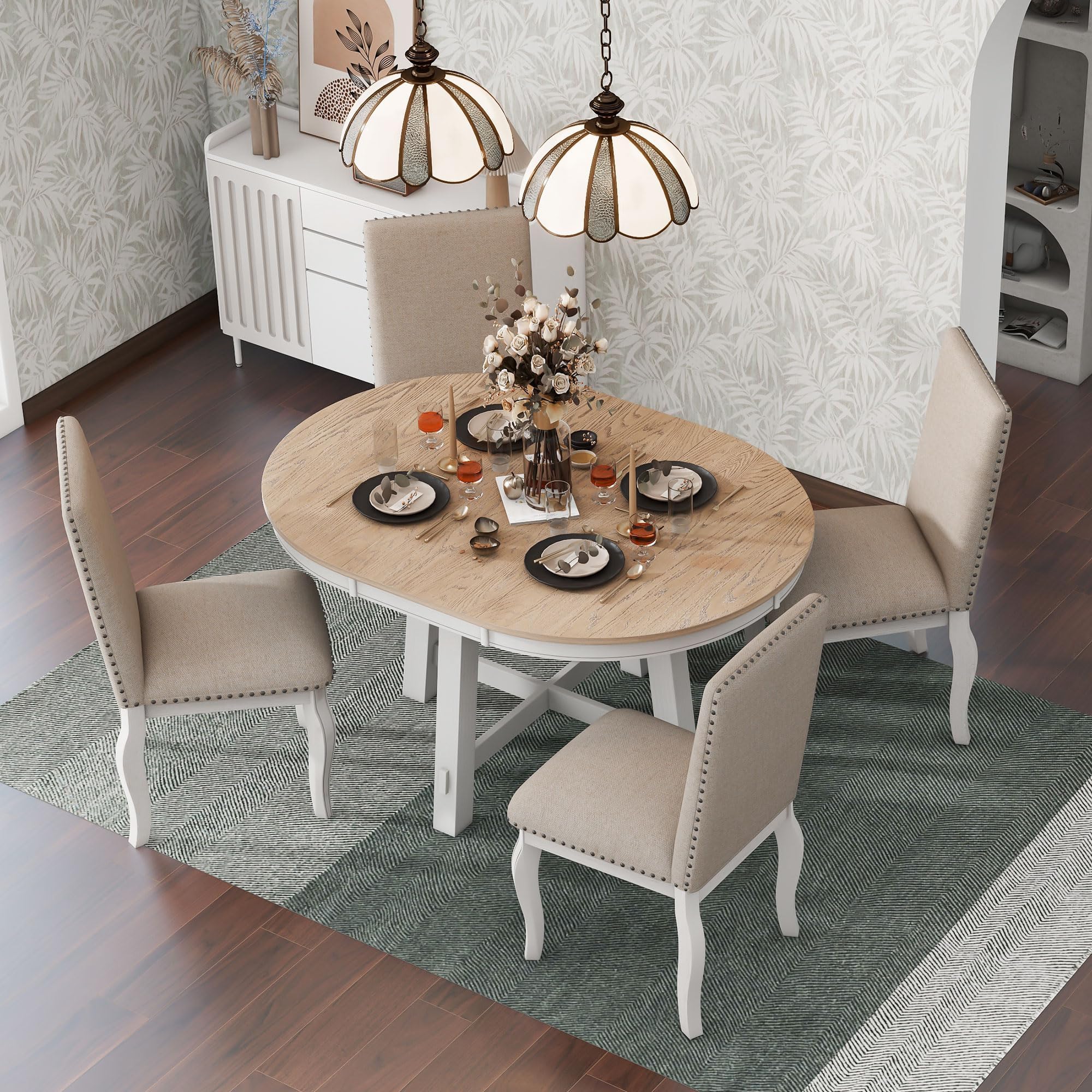 Amazon.com - Dinehome 5-Piece Farmhouse Round Extendable Dining Table ...