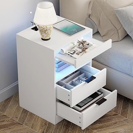 Amazon.com: Yusong LED Nightstand Bedside Table with Charging Station 2 Drawers, White Modern ...