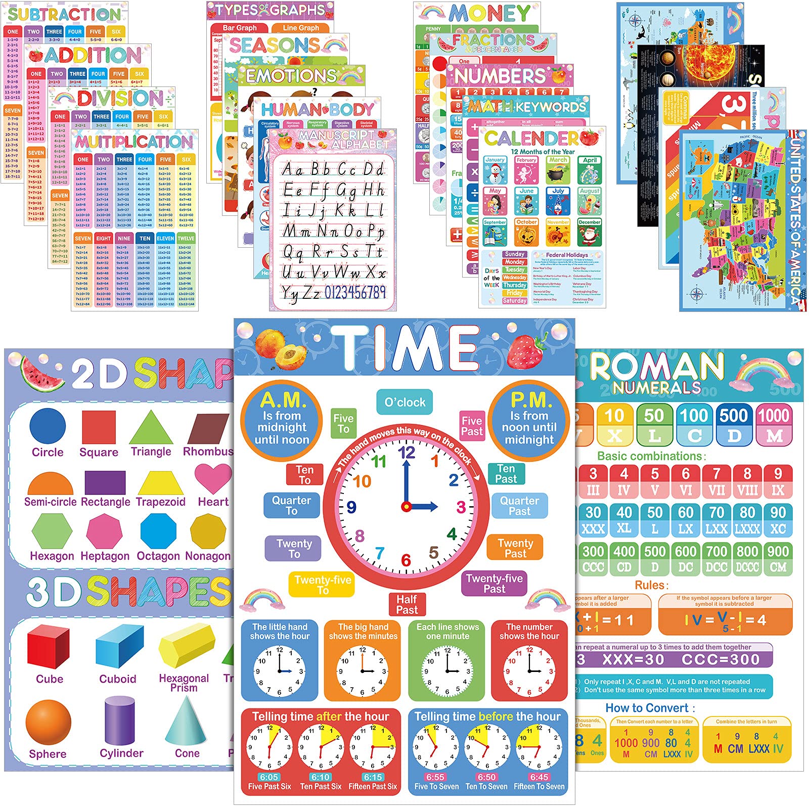 Buy 21 Pieces Educational Math s for Kids Homeschool Learning Chart ...