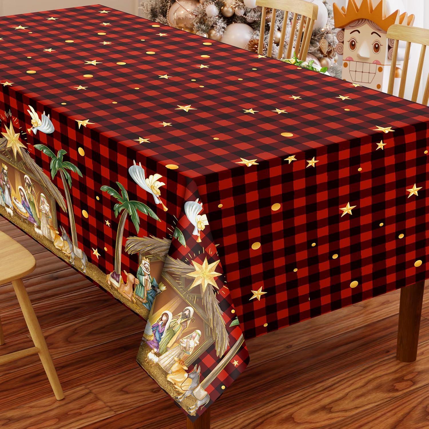THAWAY Christmas Tablecloth 60×84 Inch Rectangular Nativity Scene Red ...