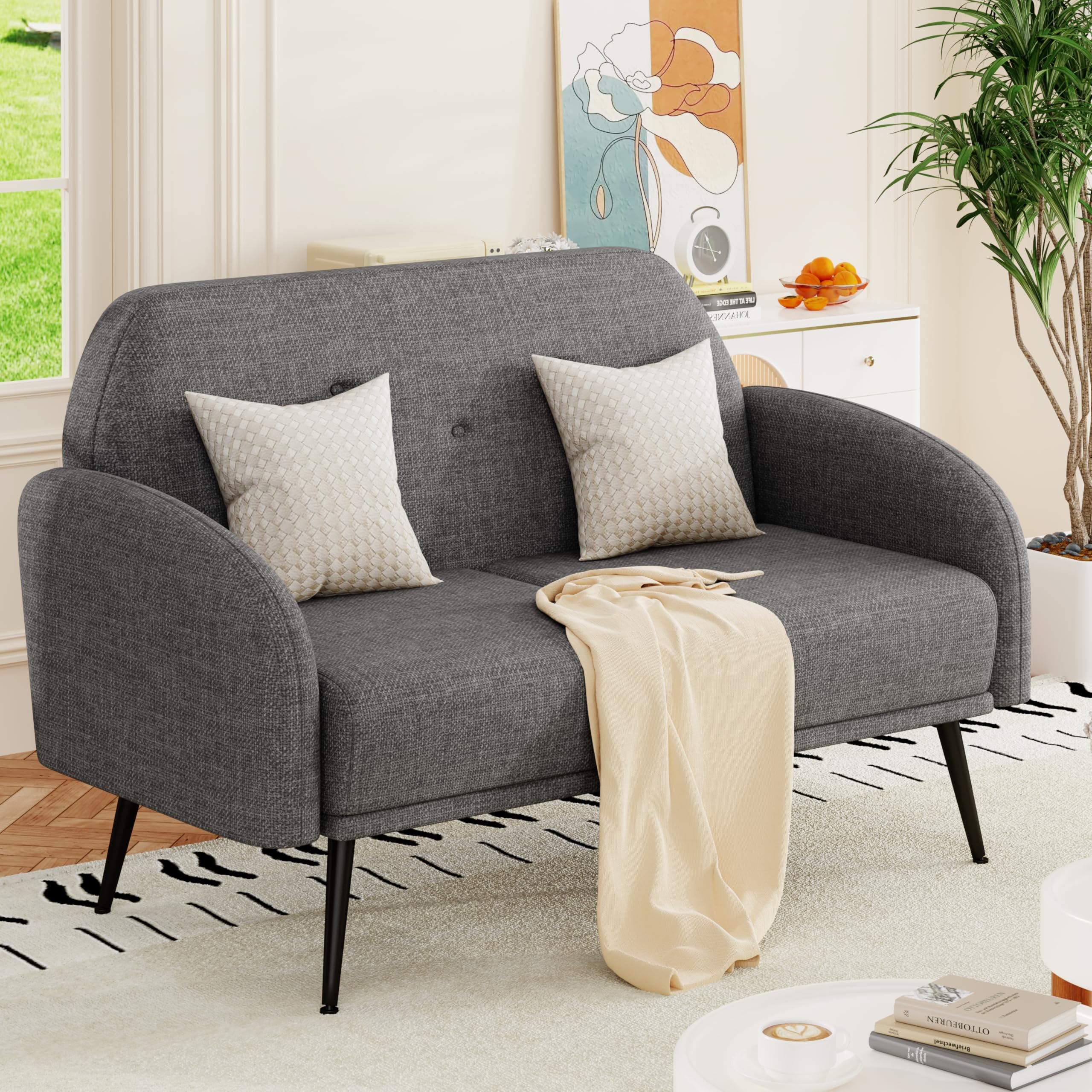 Amazon.com: Alunaune Modern Loveseat Bench Couch, Upholstered Linen ...