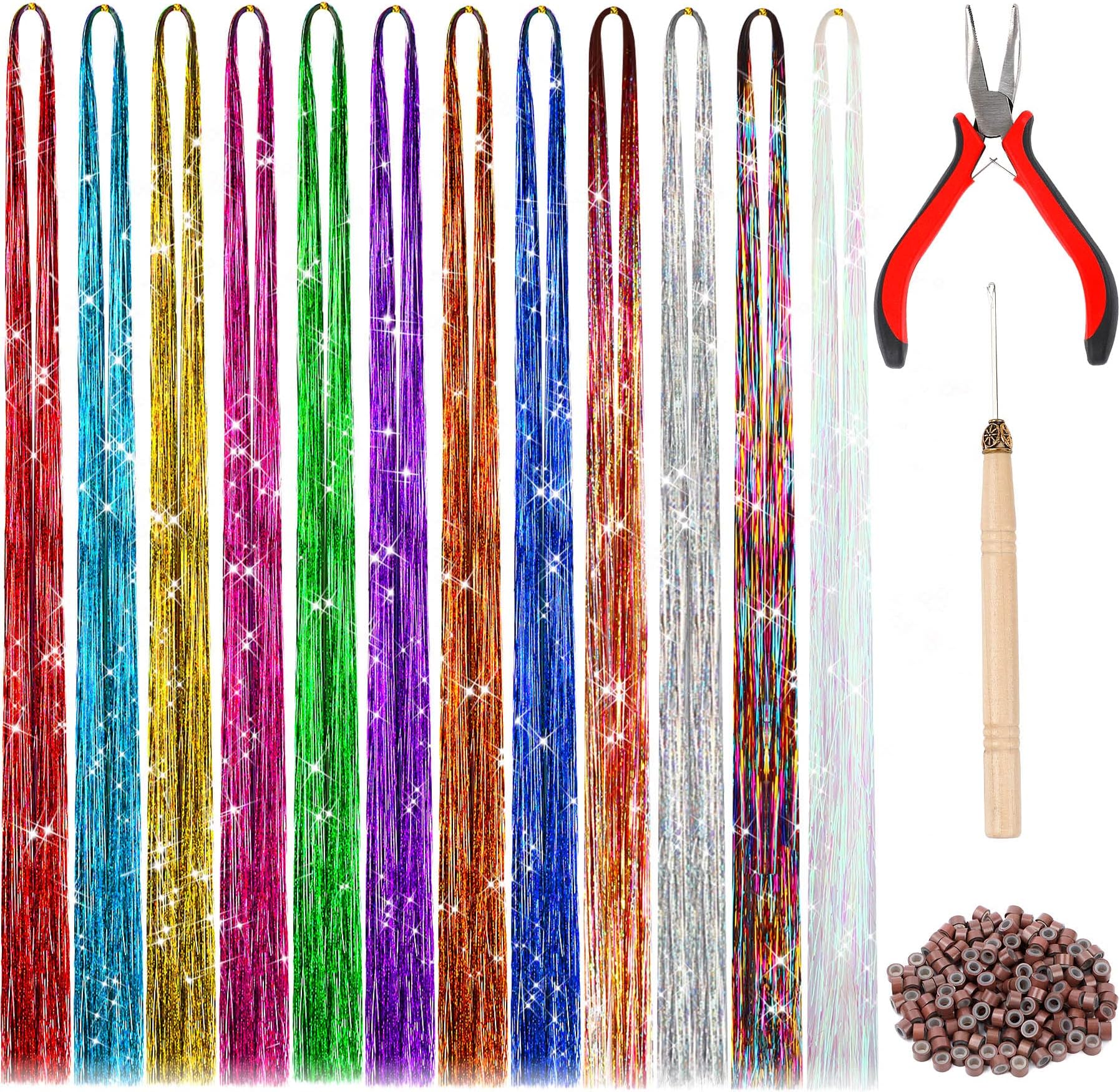 Amazon.com : Hair Tinsel Strands, Rainbow Glitter Feather Extensions ...