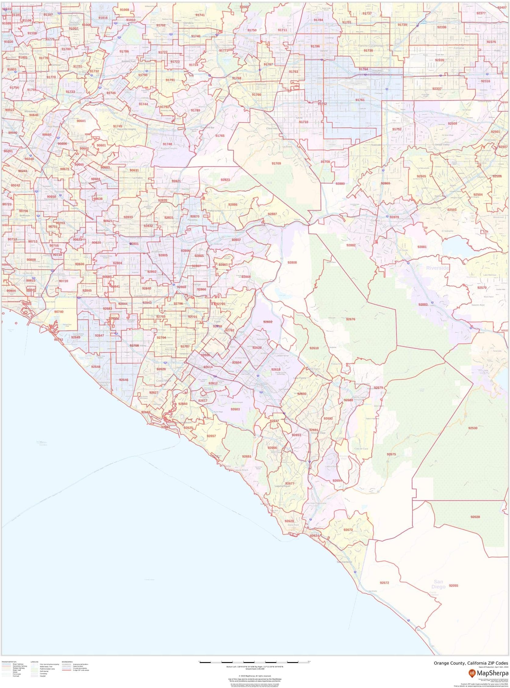 Los Angeles-Orange County-Riverside Detailed Region Wall Map (67"x44 ...