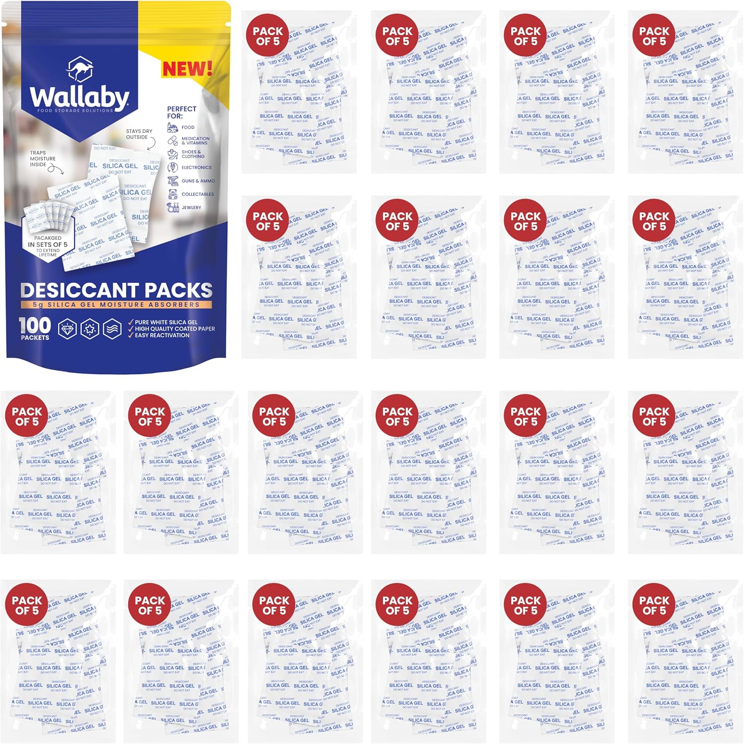 Wallaby 5 gram (100 Packets) Food Safe Pure White Silica Gel Desiccant ...