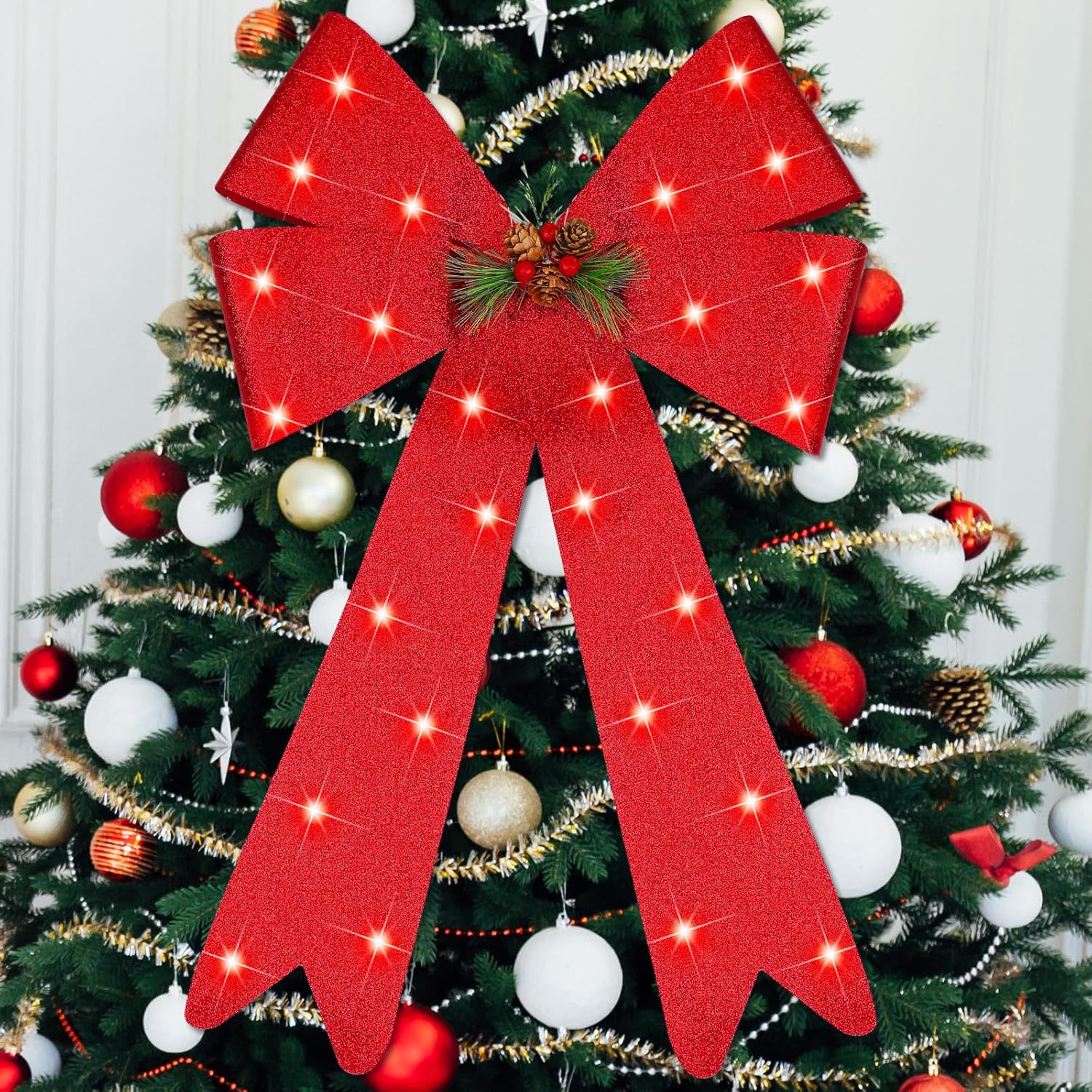 Amazon.com: Zeyune Lighted Christmas Bow Outdoor Big Glitter Red Wreath ...