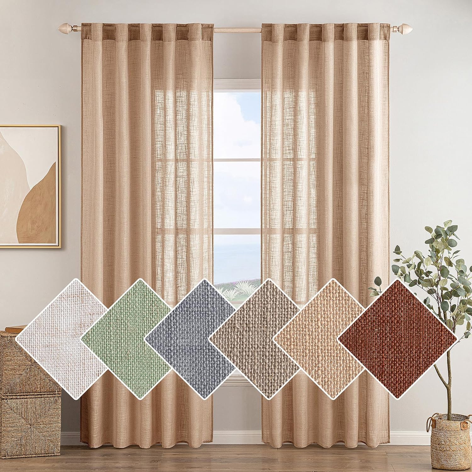 Amazon.com: SWANCOCO Brown Linen Curtains 96 Inches Long Semi Sheer ...