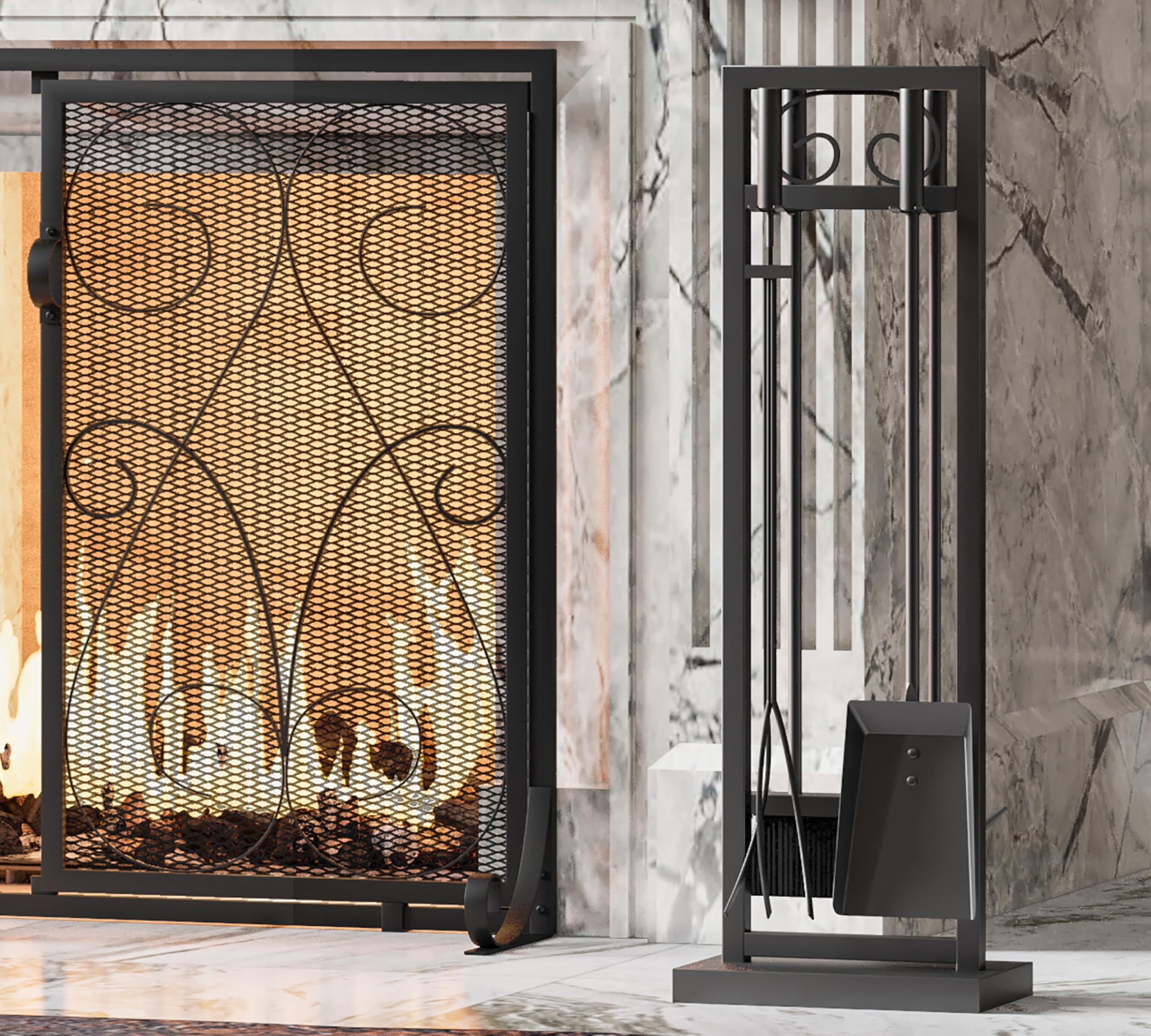 Snapklik.com : Kingson 5-Piece Fireplace Tool Set 30.5" Black Scroll ...