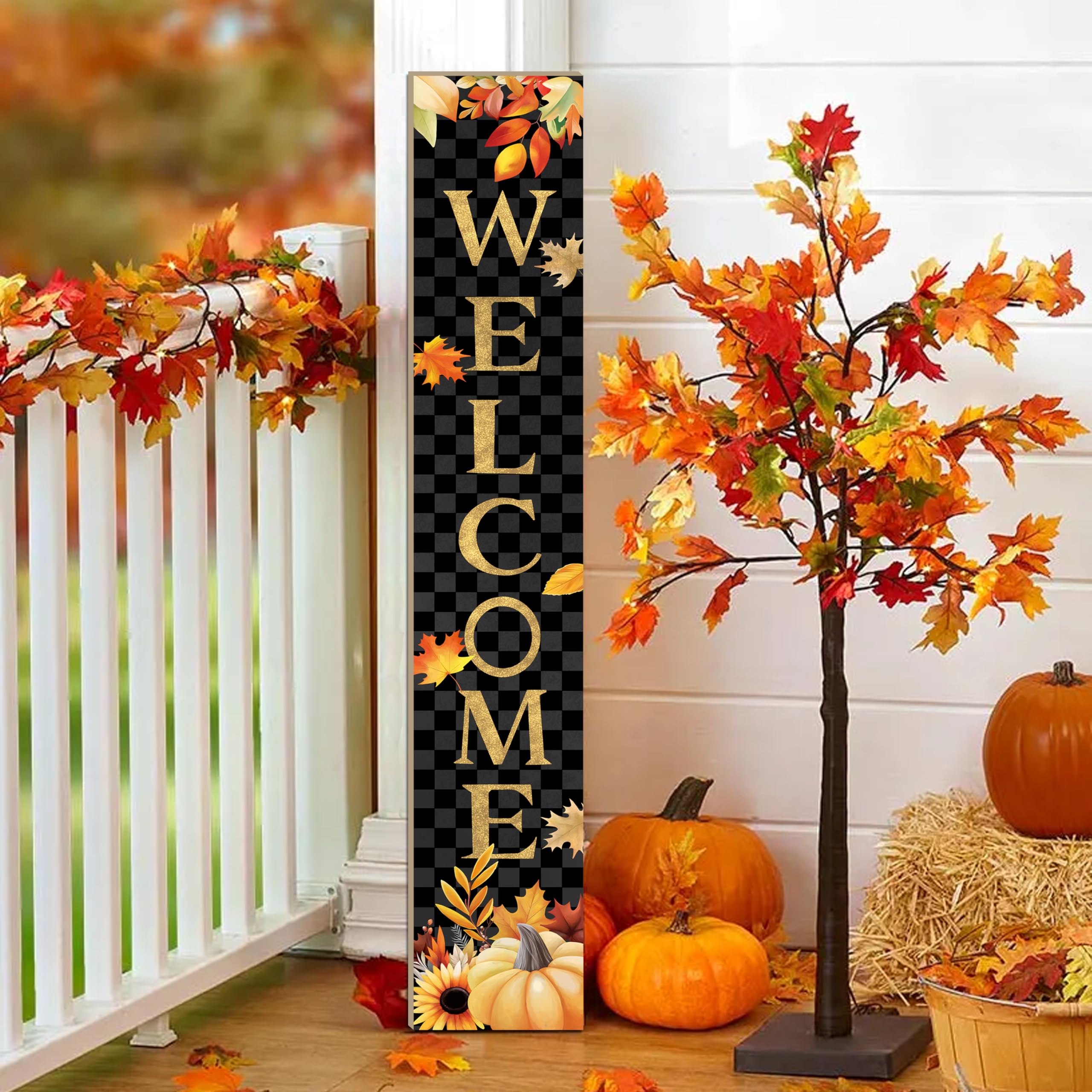 Amazon.com : Fall Wooden Porch Sign 47" Autumn Pumpkin Maple Leaf Front ...