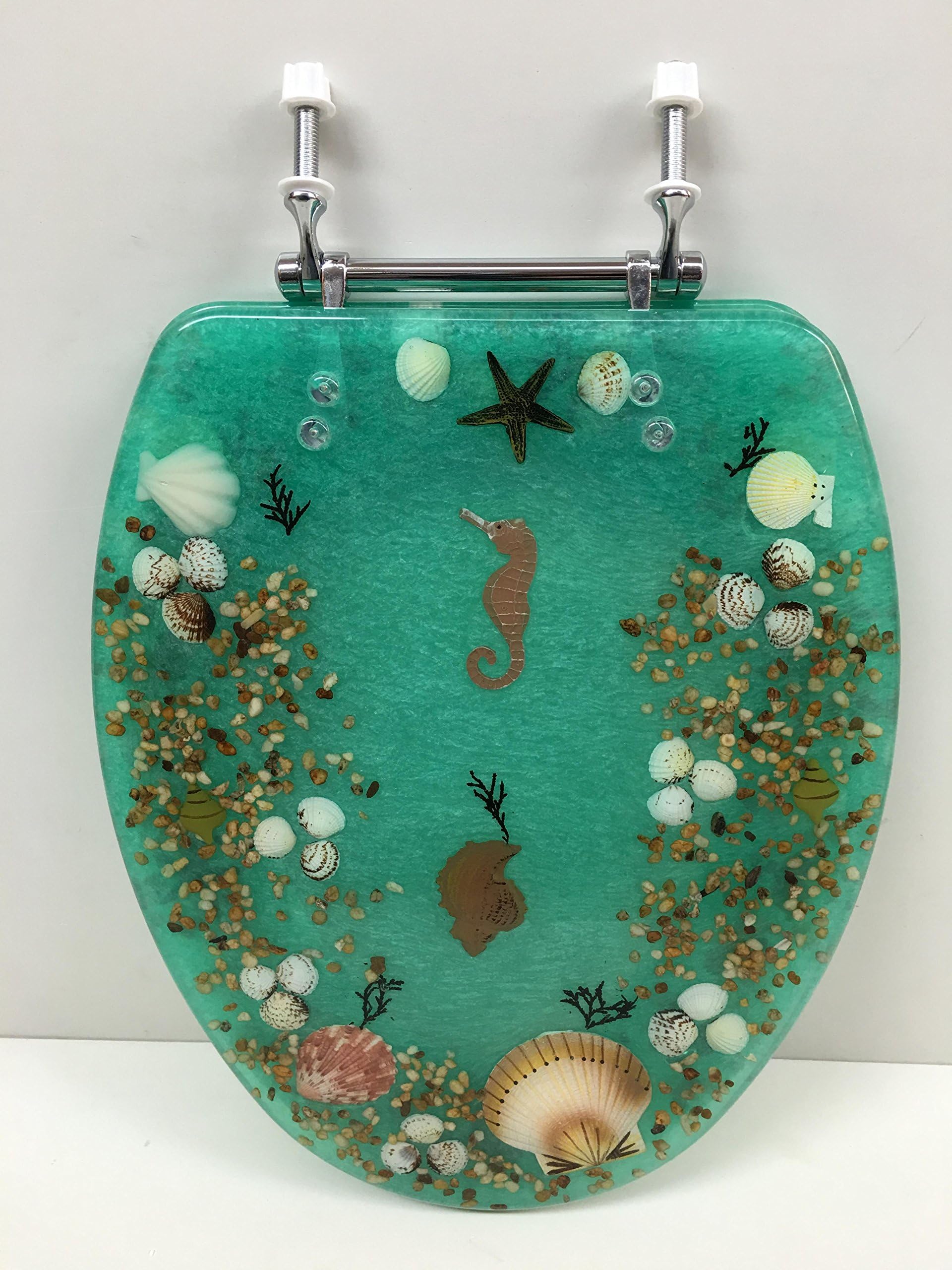 ELONGATED CLEAR JEWEL SHELL SEASHELL & SEAHORSE RESIN TOILET SEAT WITH ...