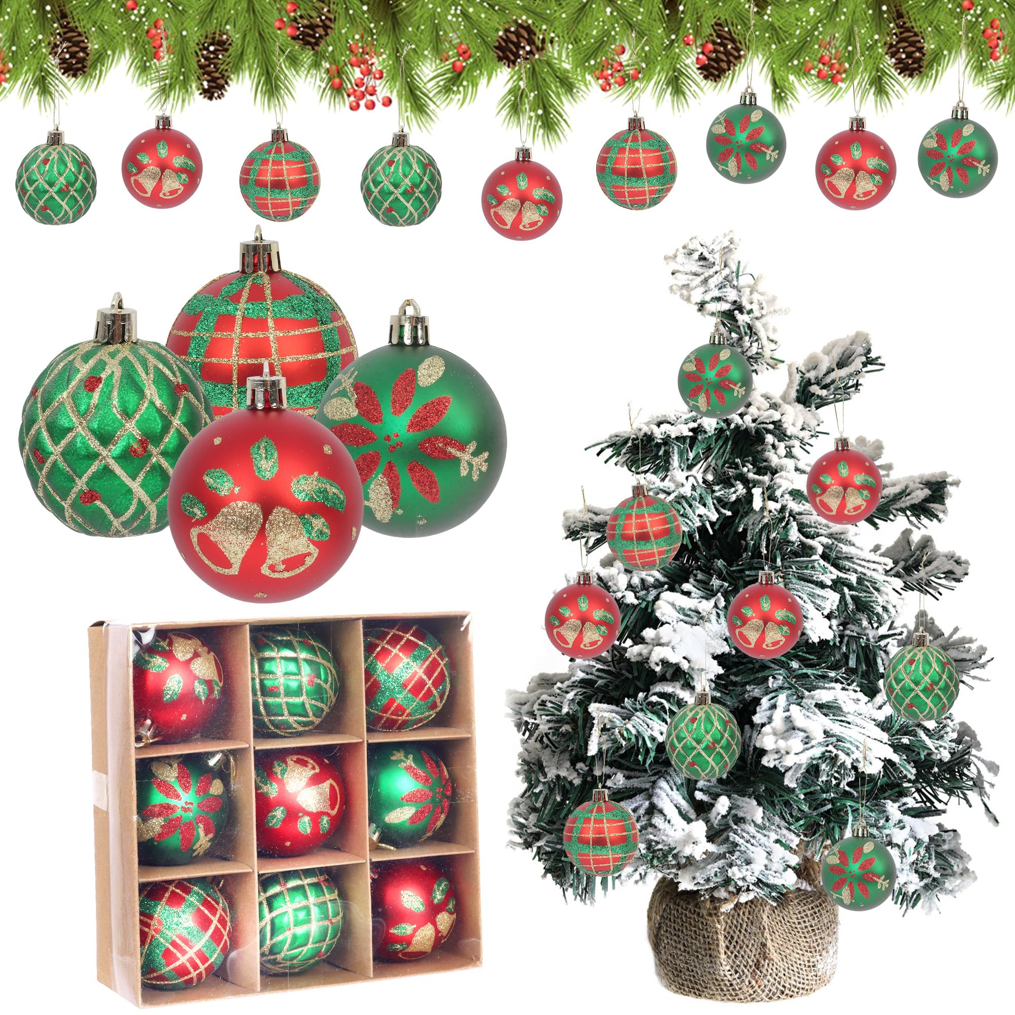 Christmas Balls Set - 9pcs Glitter Christmas Bauble, 6cm Red Green ...