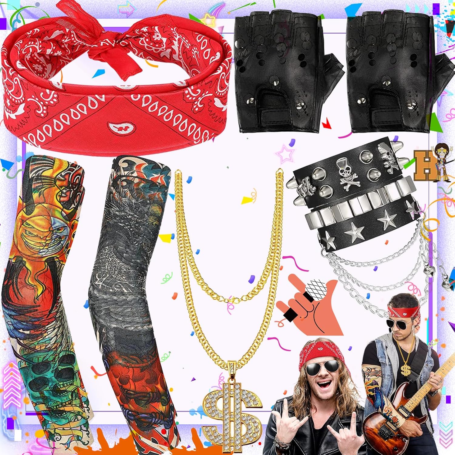 6 Stücke Punk Gotik Rocker Kit, 80er 90er Hip Hop Kostüm Set, Mit Punk ...
