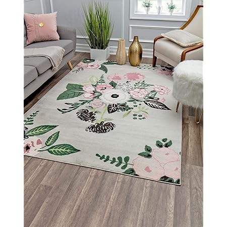 Amazon.com: Pinbeam Area Rug Pink Flowers and Leaves on Gray Watercolor ...