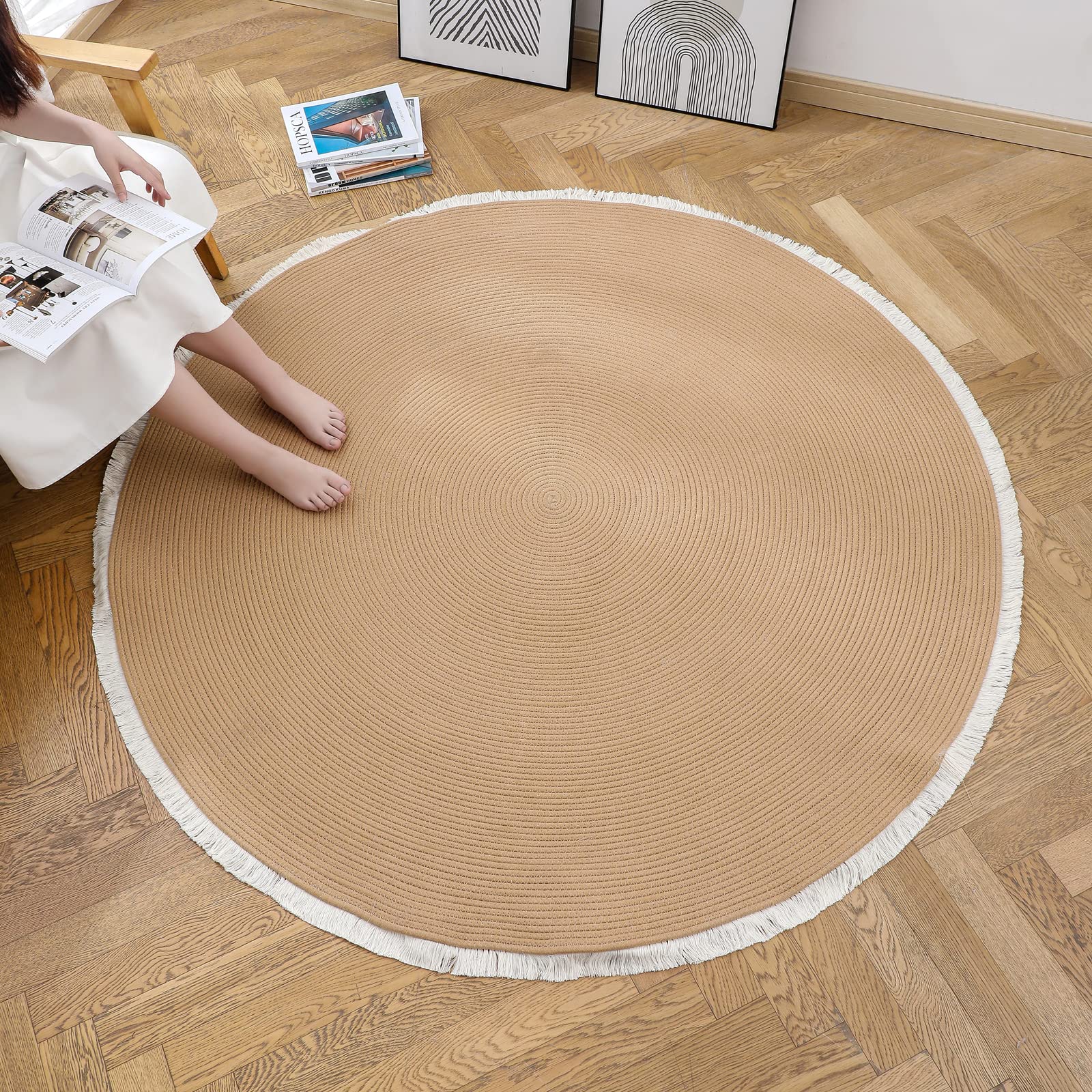 MVSUTA Boho Tassel Tan 48" Round Washable Chic Bohemian Indoor Hand ...