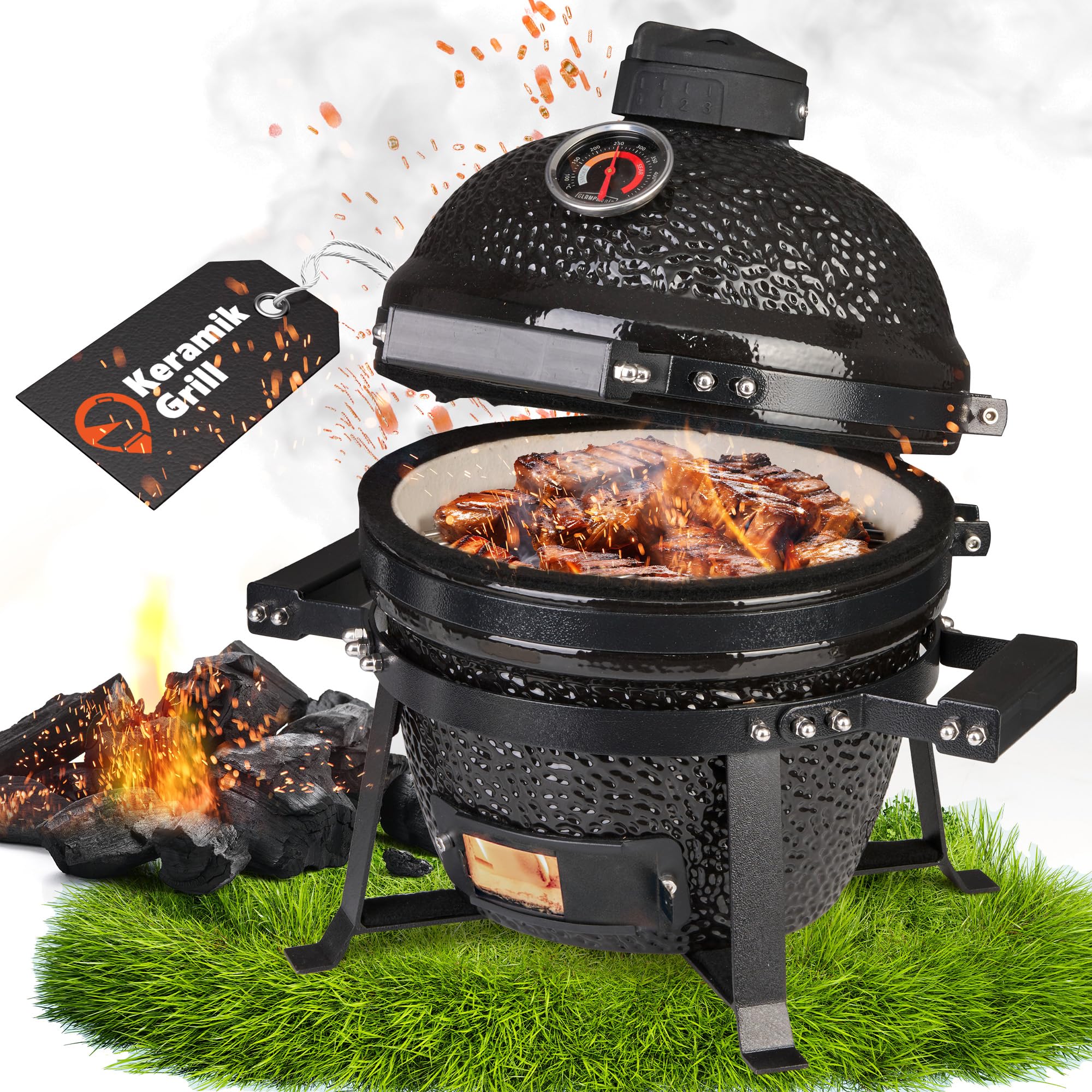 GLAMPmania Keramikgrill Kamado Grill SET - Edelstahlgrillrost Ø25 cm I ...