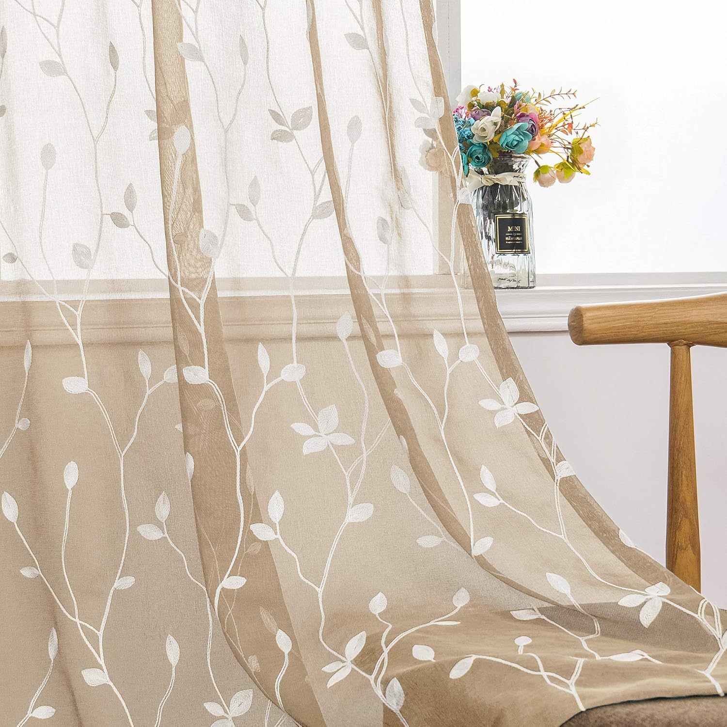 Amazon.com: AmHoo 2 Panels Embroidered Leaf Pattern Semi Sheer Curtains ...