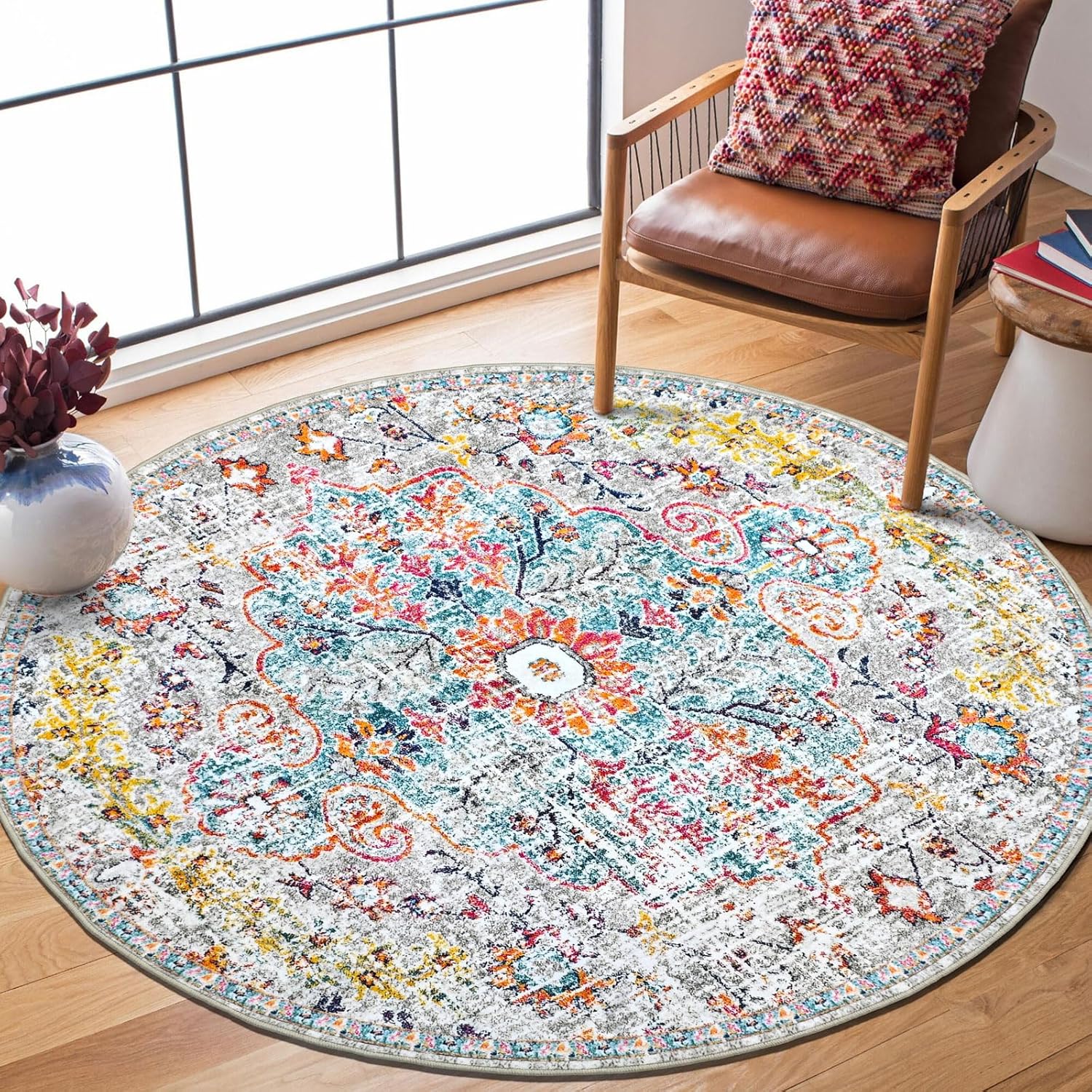 Amazon.com: Othilic Bohemian Round Area Rug 4ft, Vintage Distressed ...