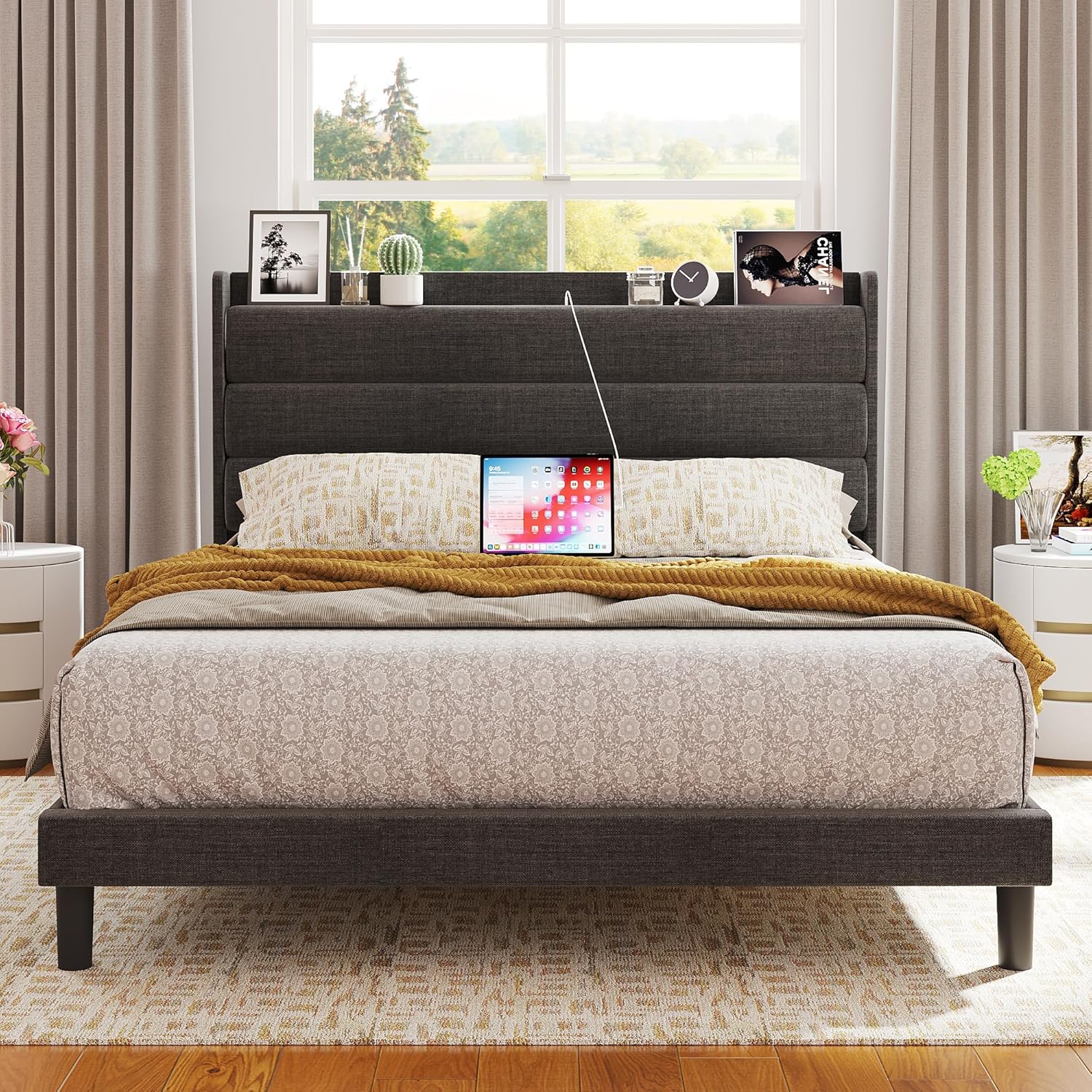 Amazon.com: LIKIMIO Queen Size Bed Frame, Storage Headboard with ...