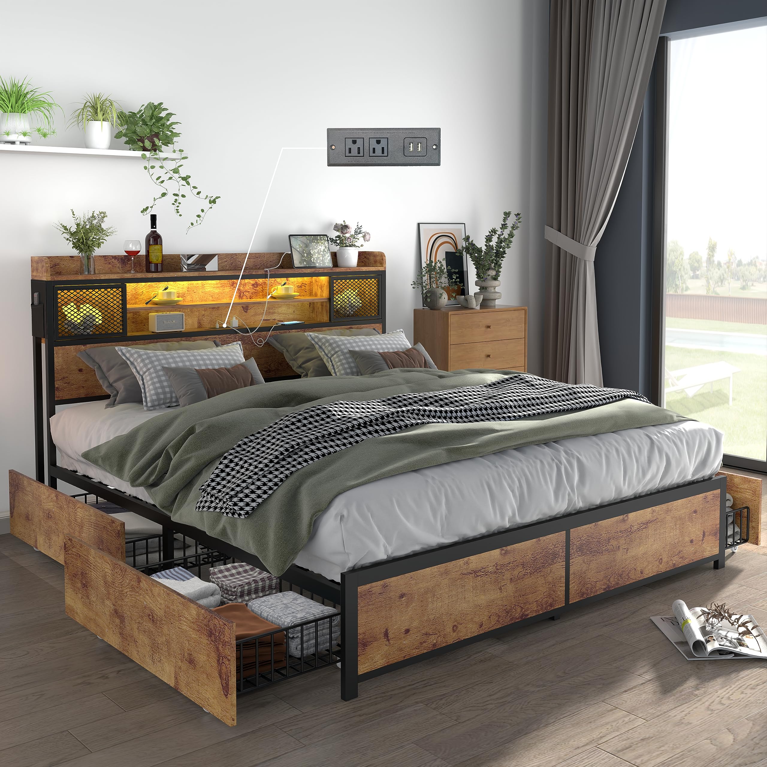Amazon.com: Gyfimoie Queen Bed Frame with Storage, LED Queen Size Bed ...