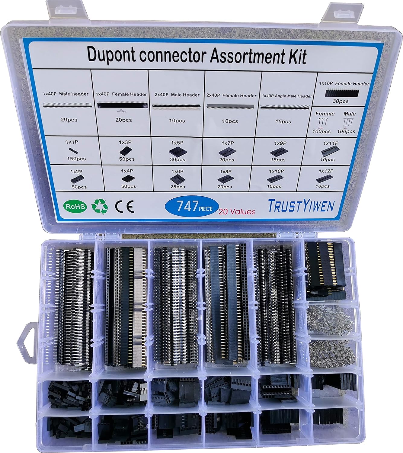 Amazon.com: TRUSTYIWE 747PCS Dupont Connector Kit with PCB 2.54mm Pitch ...