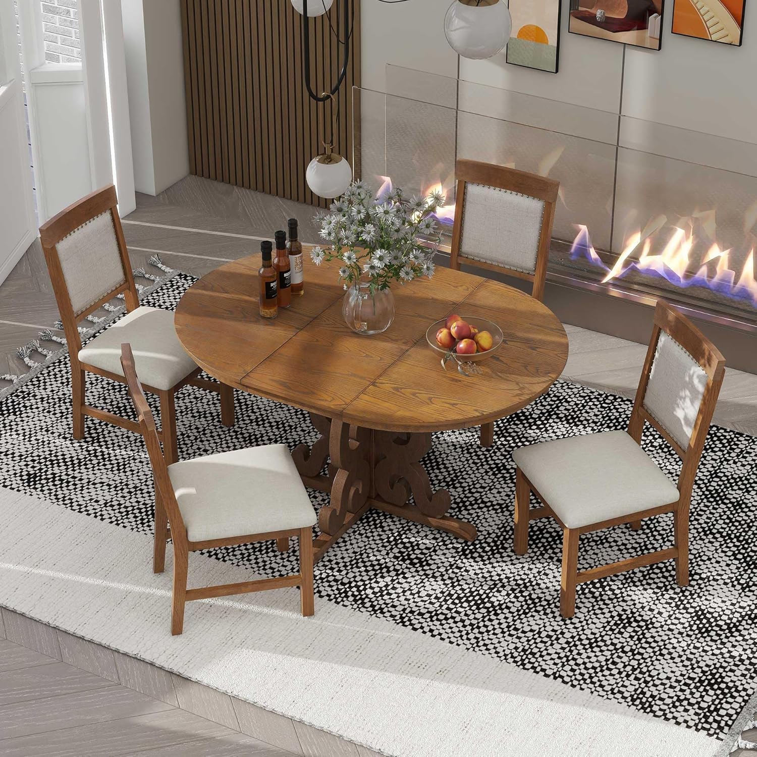 Amazon.com - Merax Wood Extendable Dining Room Round Table 4 Set Chairs ...