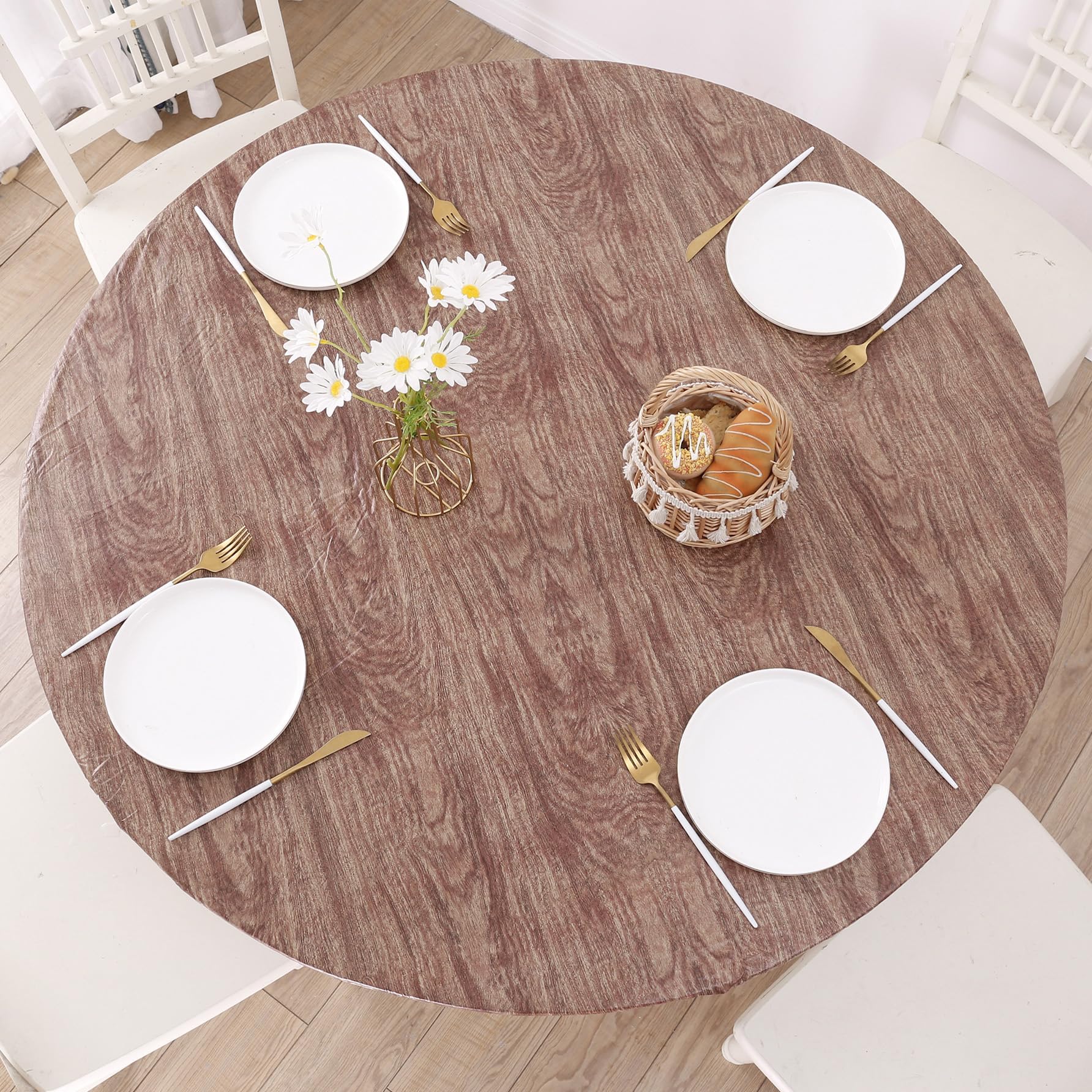 Amazon.com: Wood Grain Round Tablecloth Elastic Edge Elastic Plastic ...