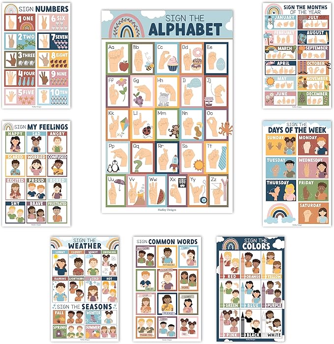 Amazon.com : Hadley Designs 8 Sign Language Posters for Classroom – ASL ...